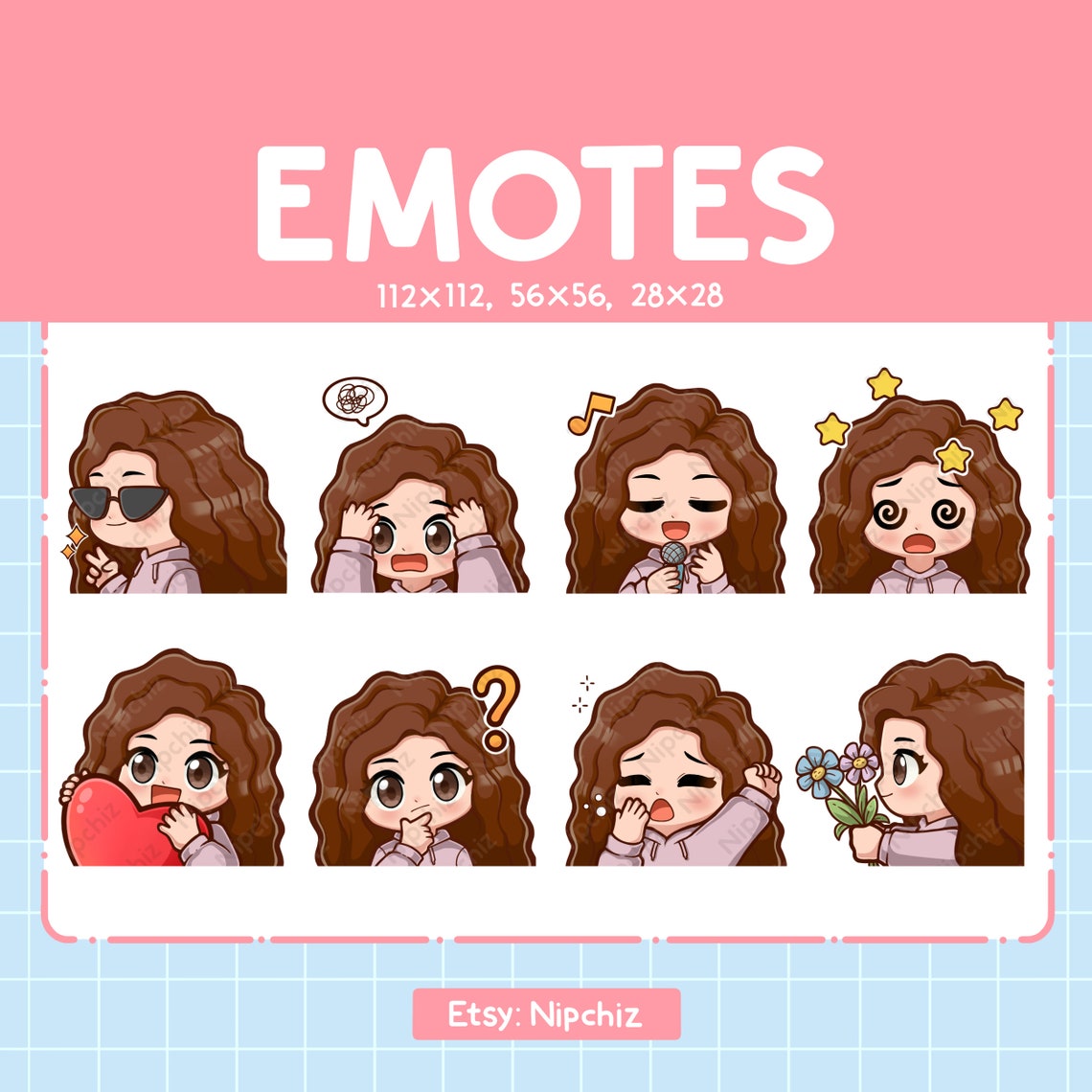 Cute Girl Brown Curly Hair Emotes 8 Pack Chibi Girl Emotes For