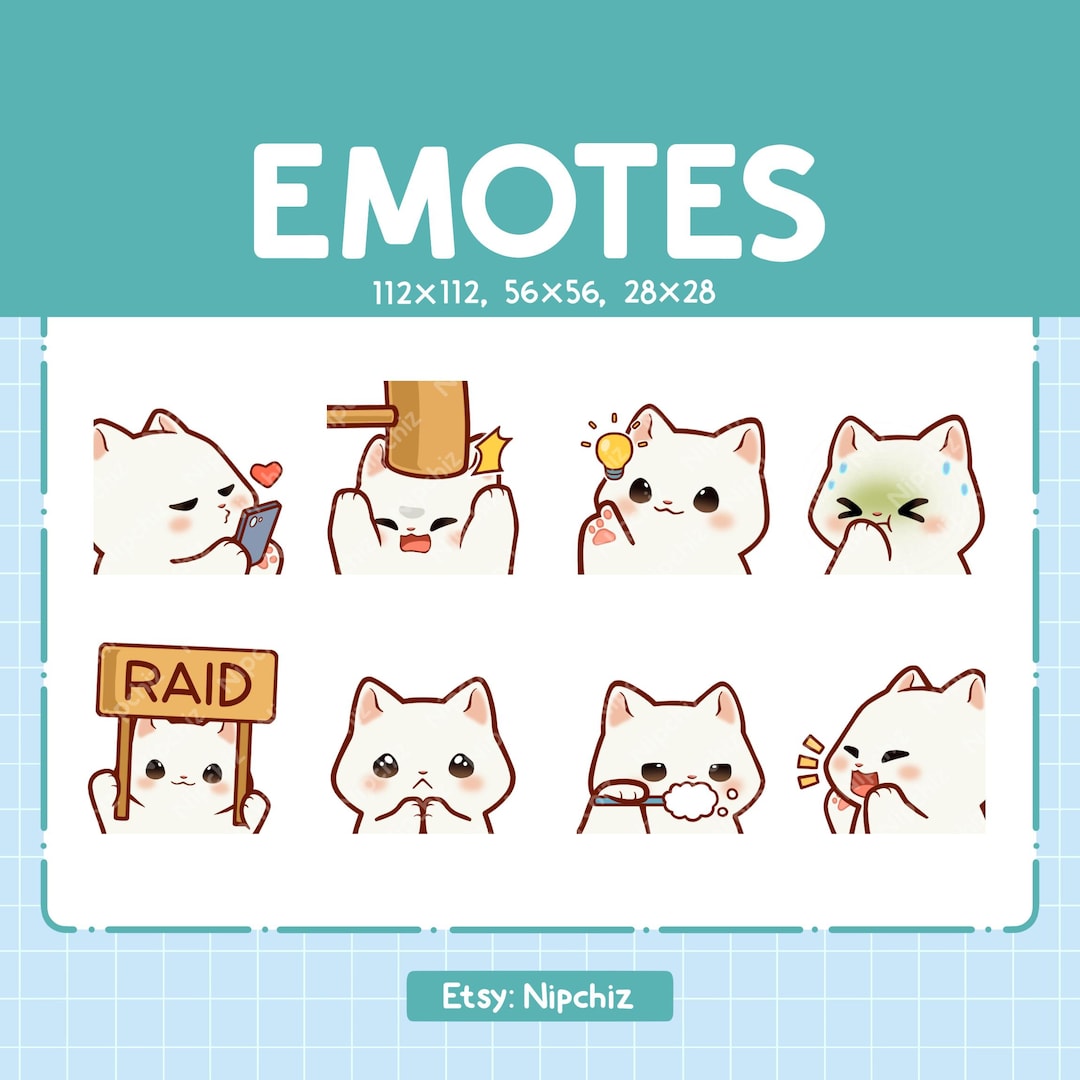 Cute White Cat Emotes 8 Pack | Chibi Cat Emotes for Streamer | Kawaii ...