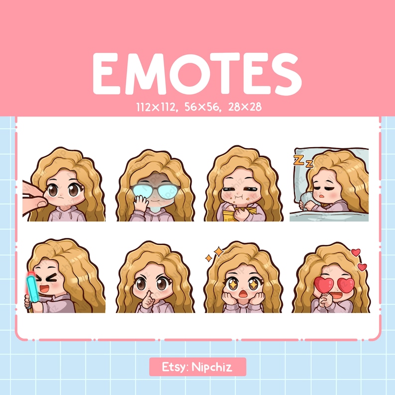 Chibi Girl Emotes for Streaming / Blonde Curly Hair Brown Eyes 8 Kawaii ...