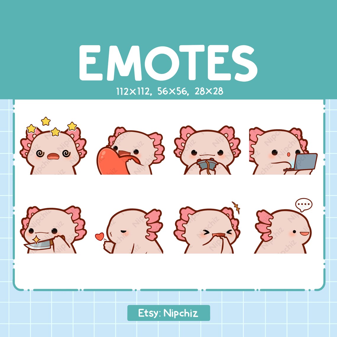 Axolotl Emotes | Cute Emoji Pack | 8 Axolotl Emotes for Streaming ...
