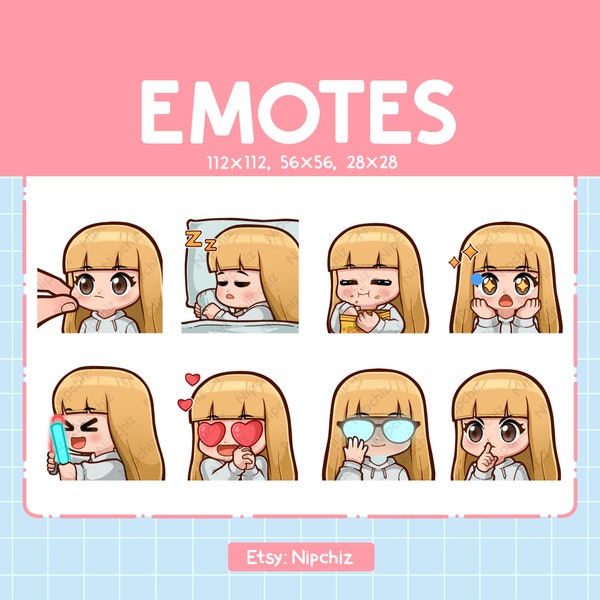 Cute Girl Emotes for Streamer 8 Blonde Curly Hair Brown Eyes Kawaii ...