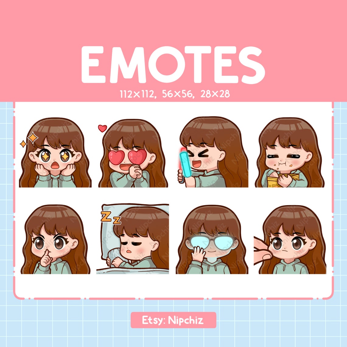 Chibi Girl Emotes for Streaming / Brown Hair – Brown Eyes (8) Kawaii ...