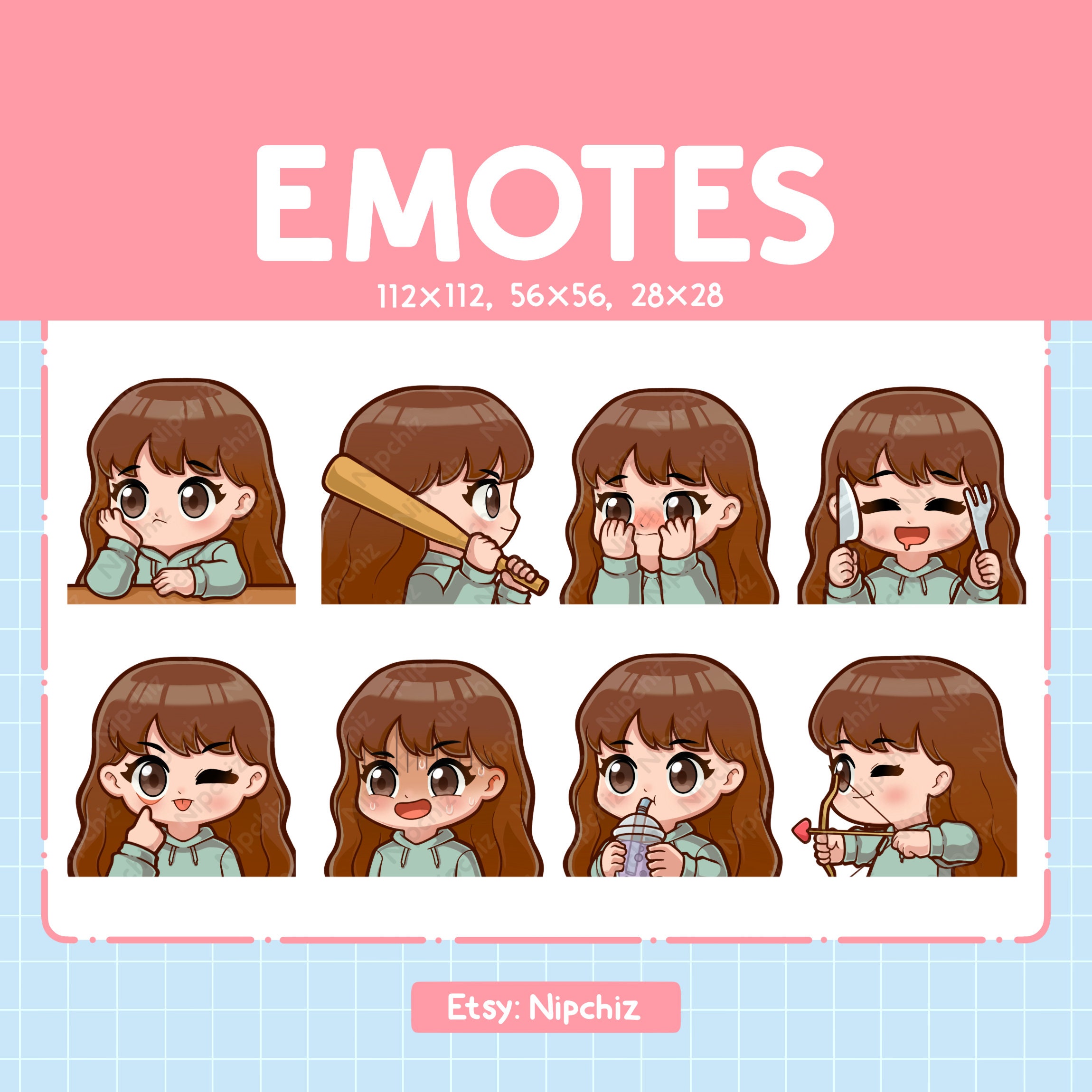 Kawaii Girl Emotes (8) / Brown Hair / Cute Emotes for Streamer / Brown ...