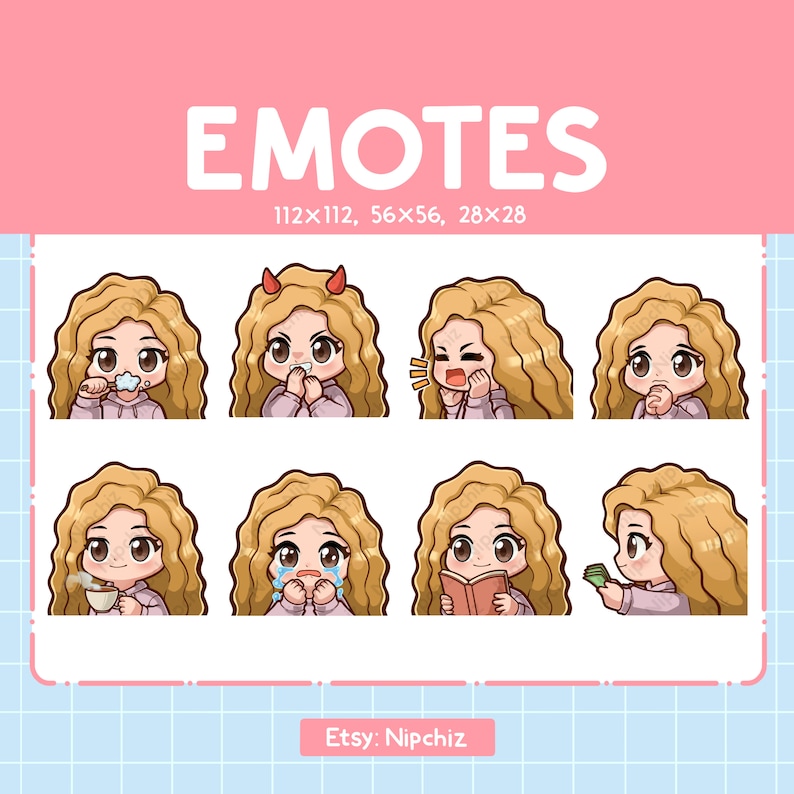 Cute Girl Emotes for Streamer 8 Blonde Curly Hair Brown Eyes Kawaii ...