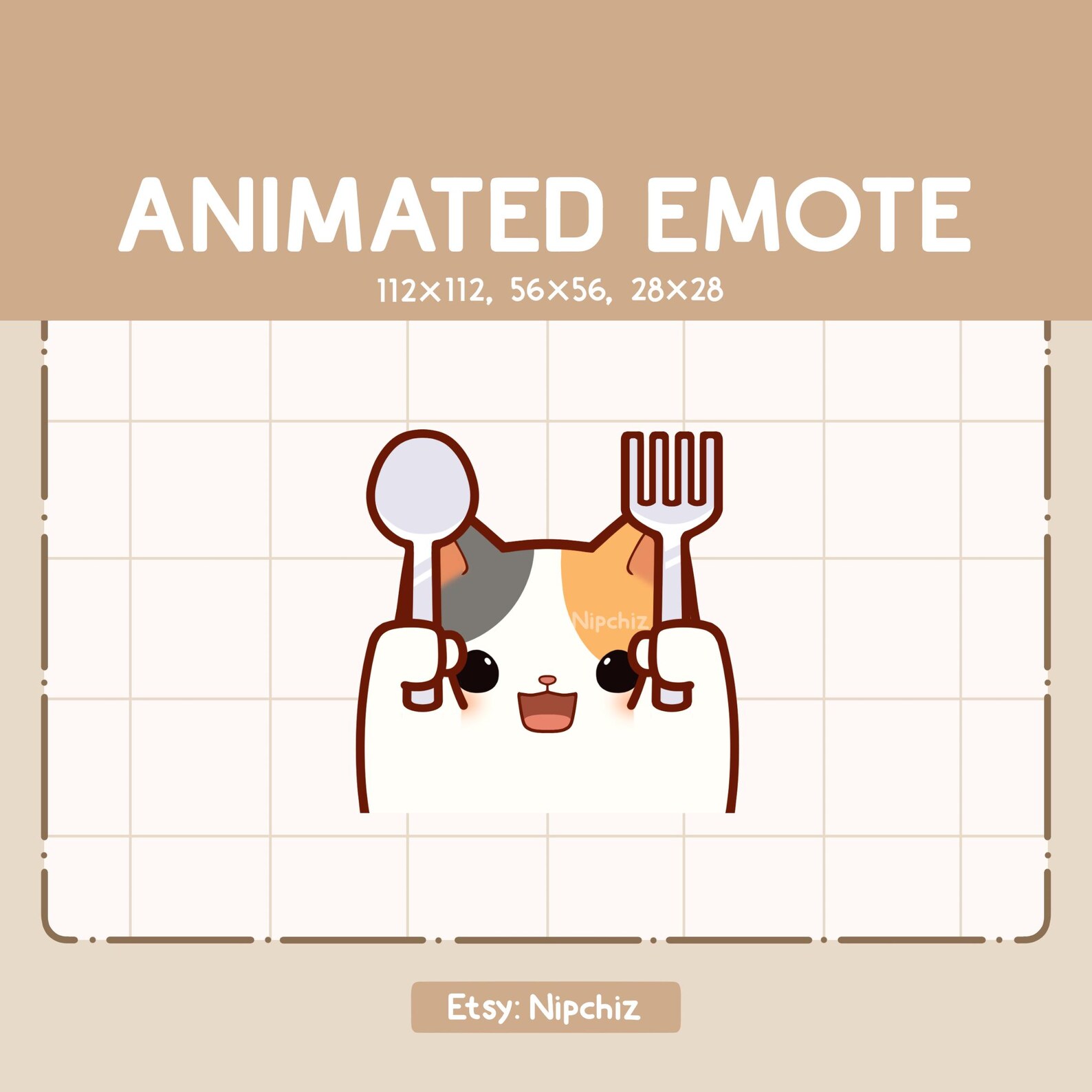 Animated Emote Adorable Calico Cat is Holding a Spoon and Fork / Kawaii ...