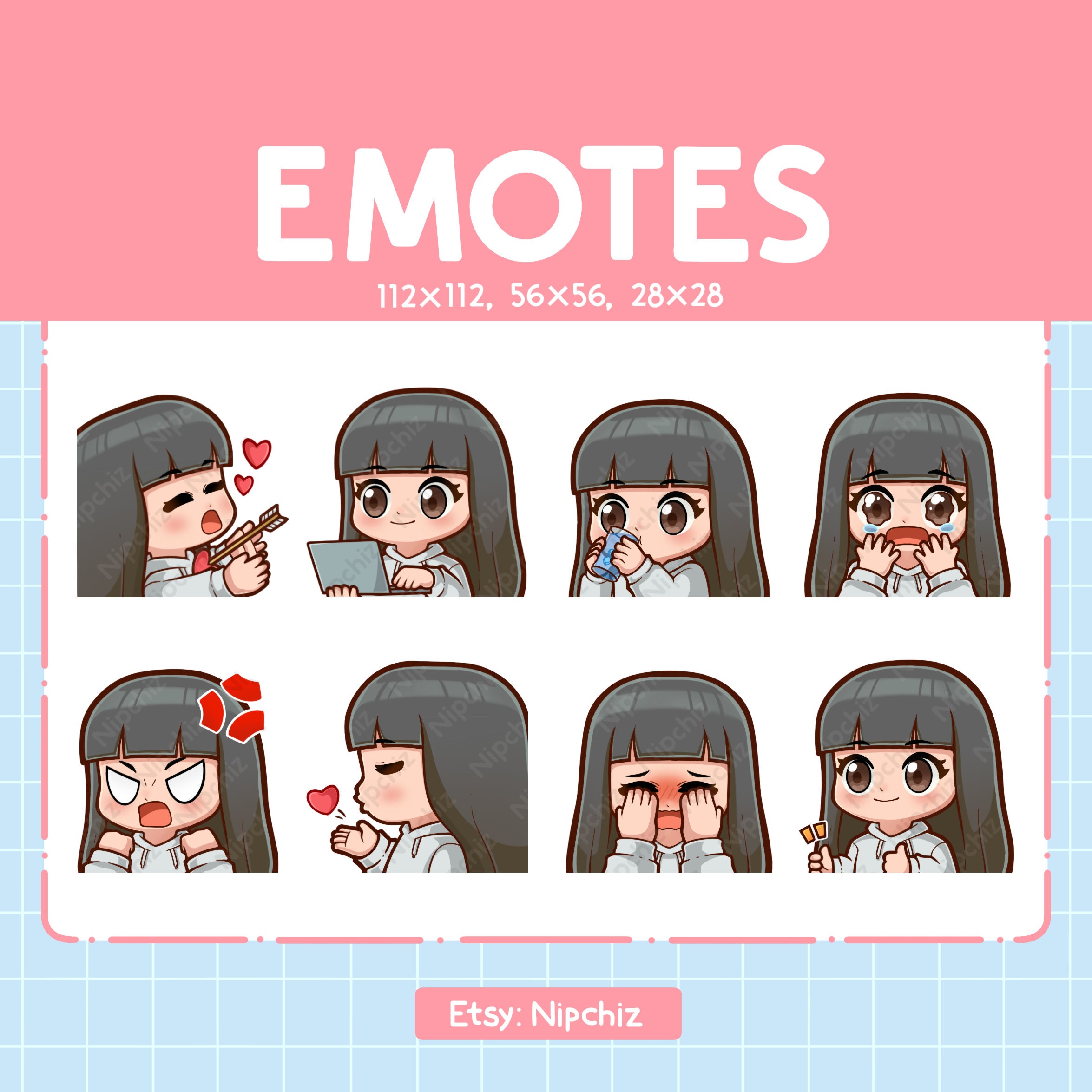 Cute Girl Emotes for Streamer (8) | Straight Black Hair With Bangs ...