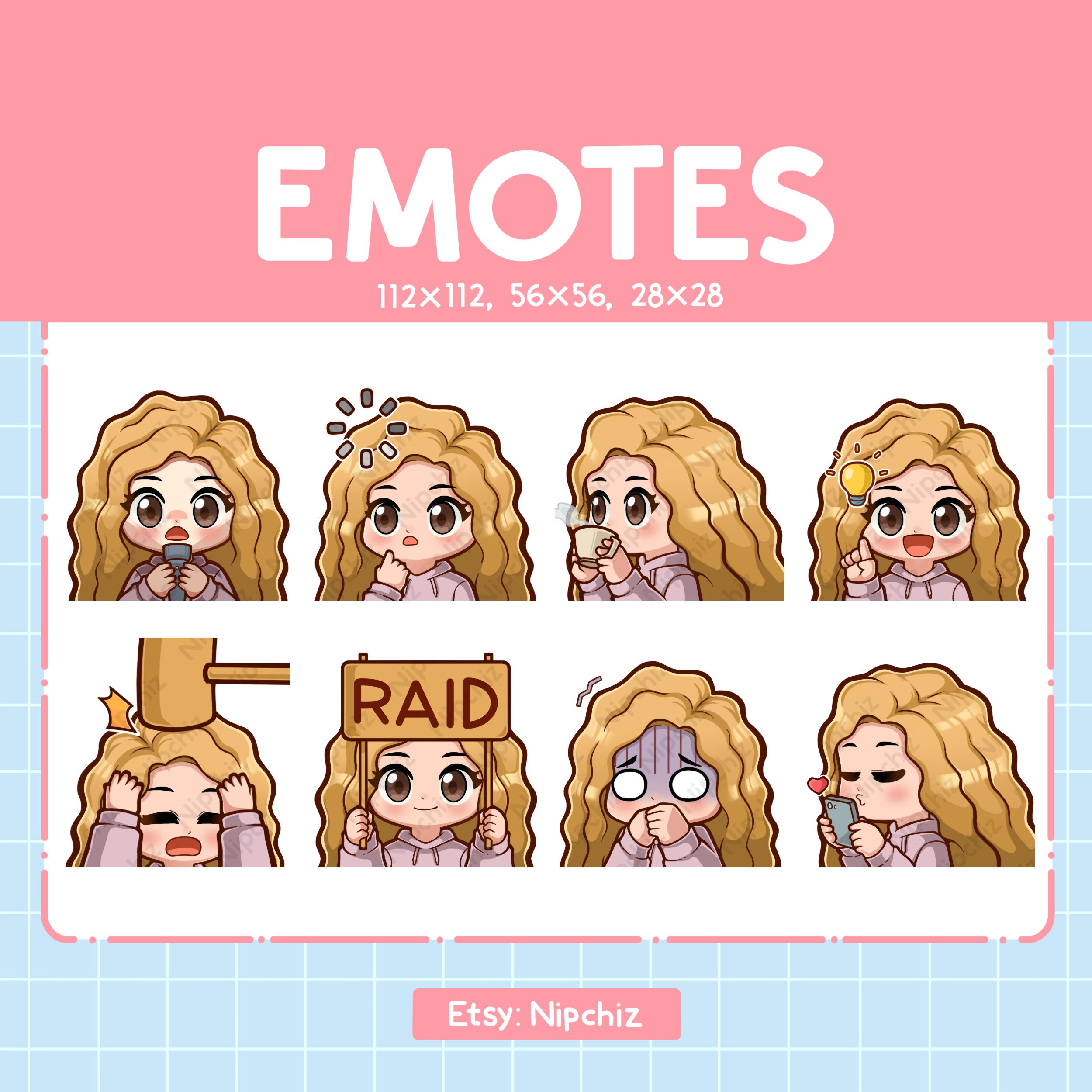 Kawaii Girl Emotes (8) / Blonde Curly Hair / Cute Emotes for Streamer ...
