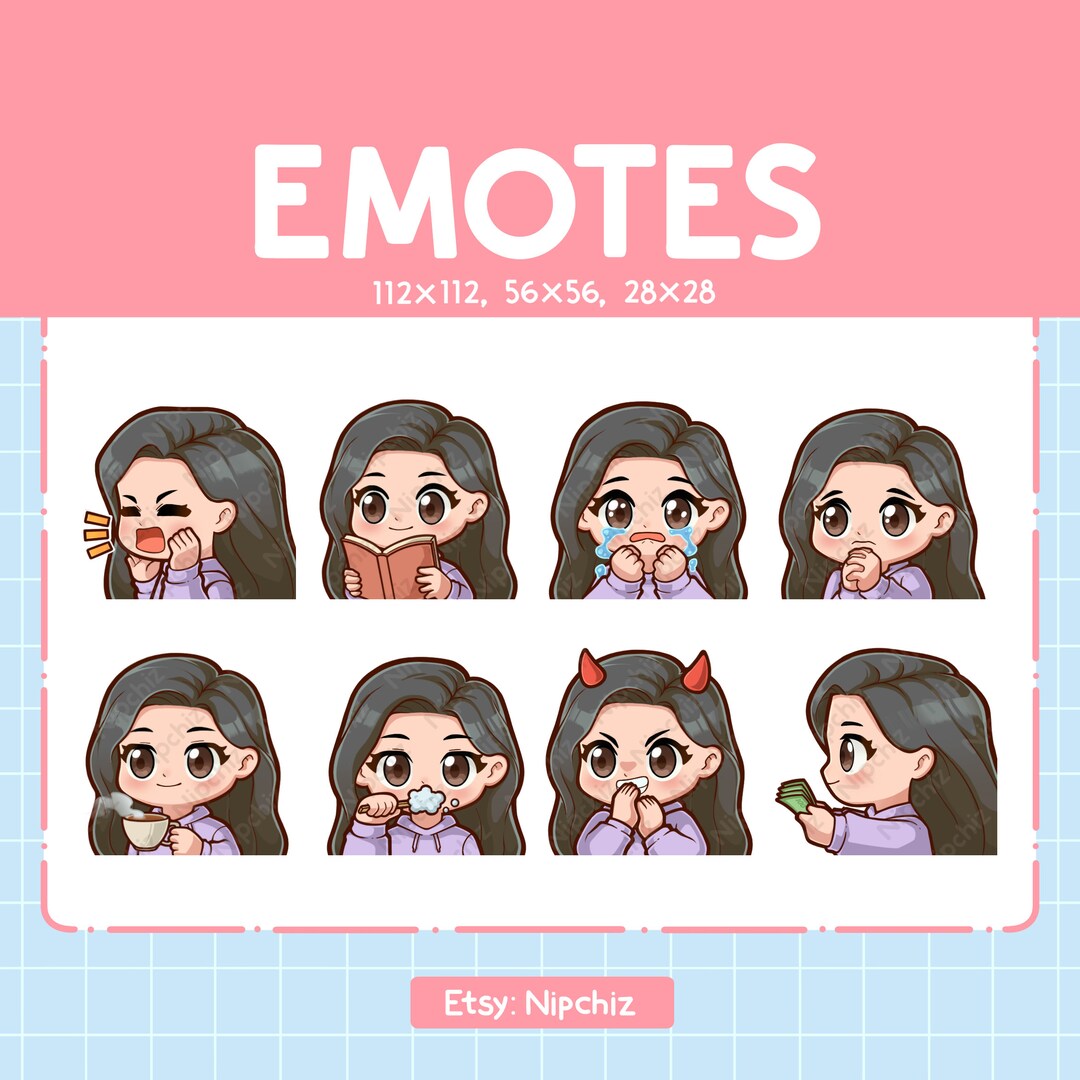 Cute Girl Emotes for Streamer (8) | Long Straight Black Hair | Brown ...
