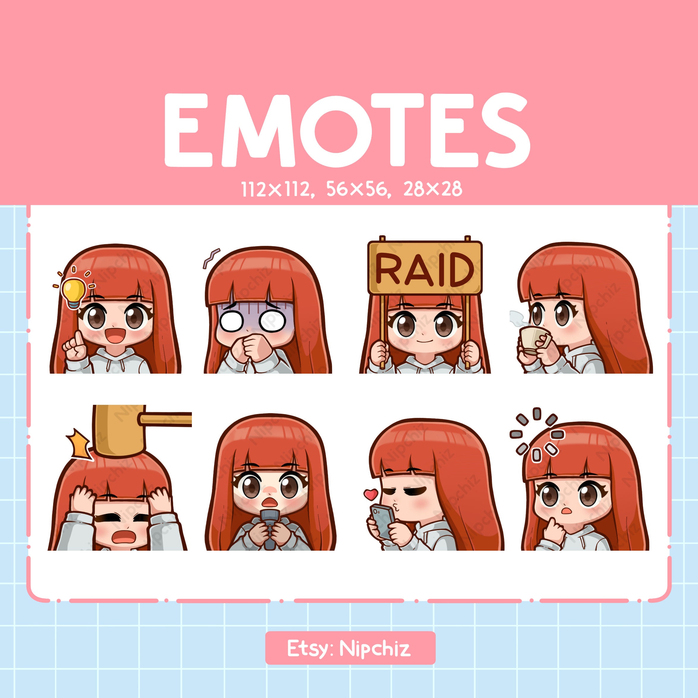 Chibi Girl Emotes / Straight Red Hair With Bangs / Cute Emoji Pack | 8 ...
