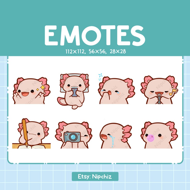 Chibi Axolotl Emotes for Streamer (8) - Kawaii Cute Axolotl - Emoji ...