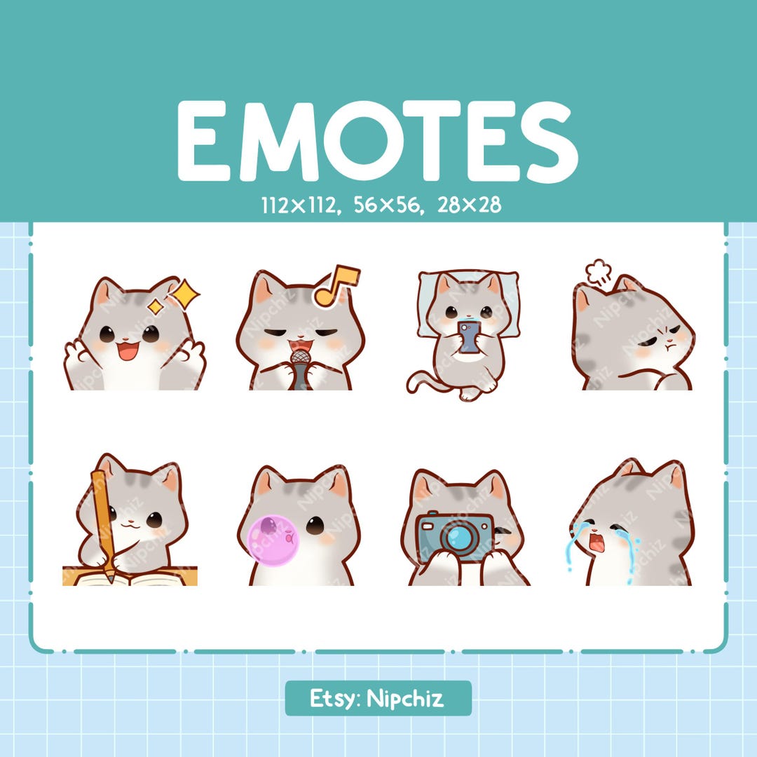 Kawaii Gray Tabby Cat Emotes (8) – Cute Emotes for Streamer – Chibi ...