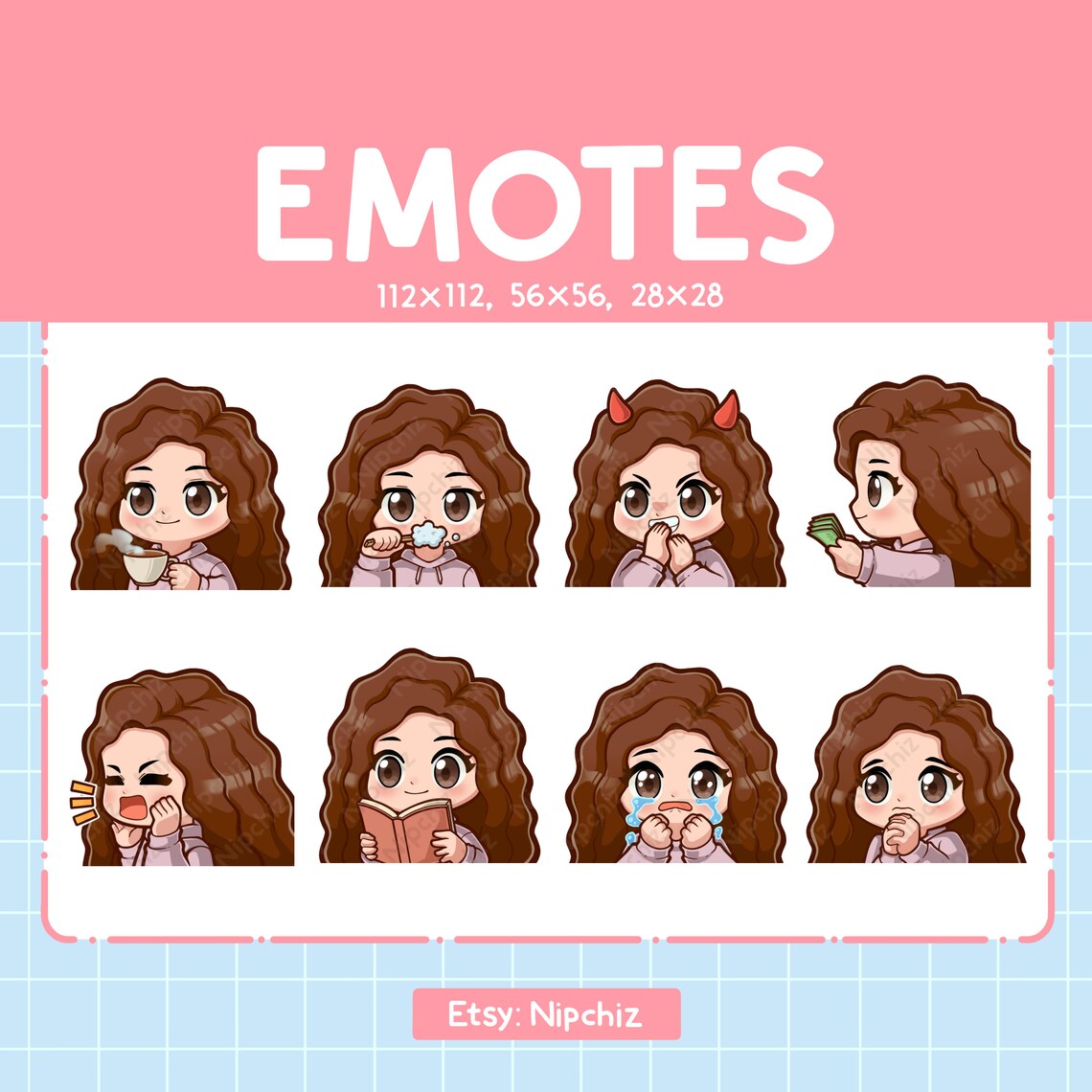 Girl Emote Bundle / Brown Curly Hair Emotes for Streaming / 8 Cute Girl ...
