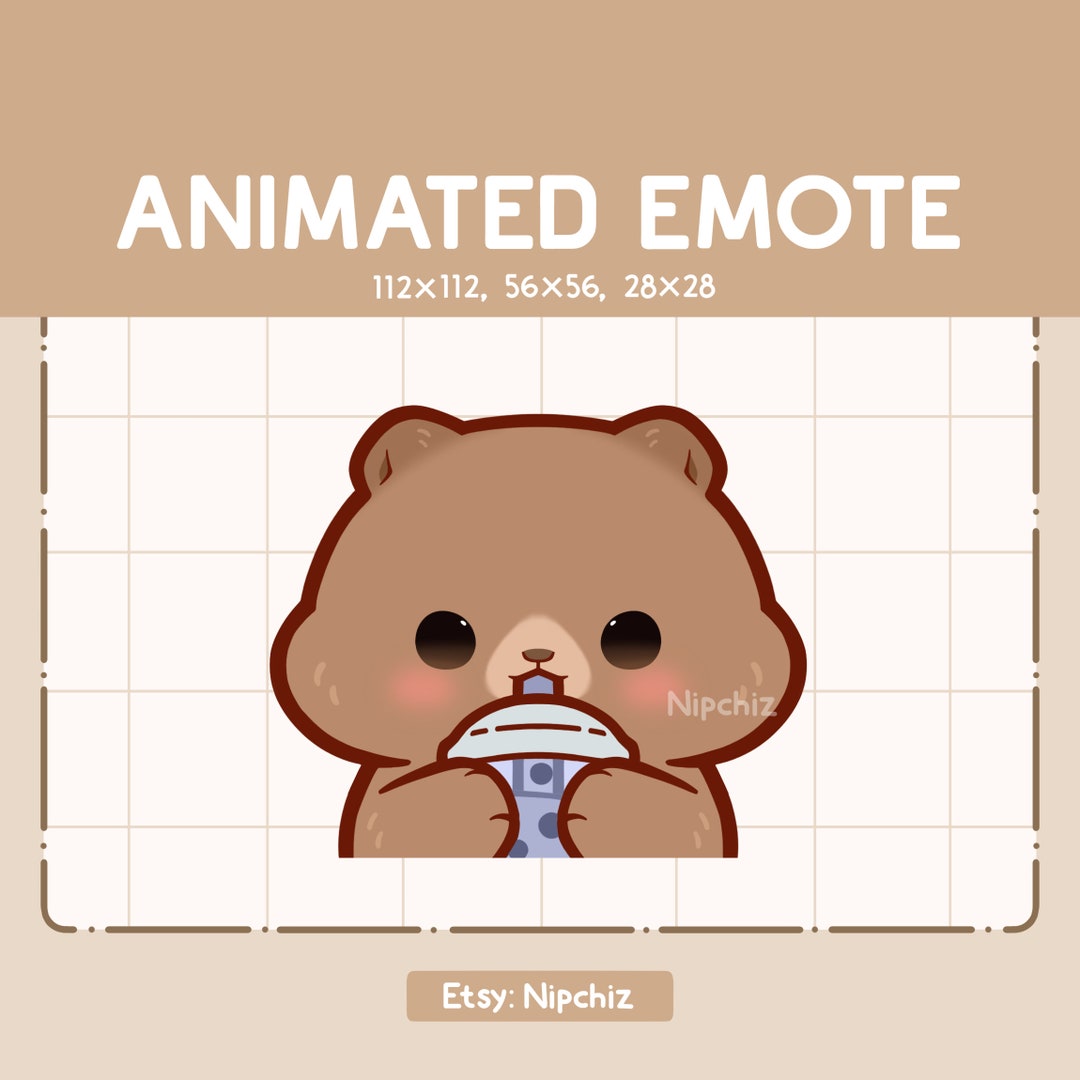Adorable Cute Grizzly Bear Sipping Boba Animated Emote - Chibi Animal ...