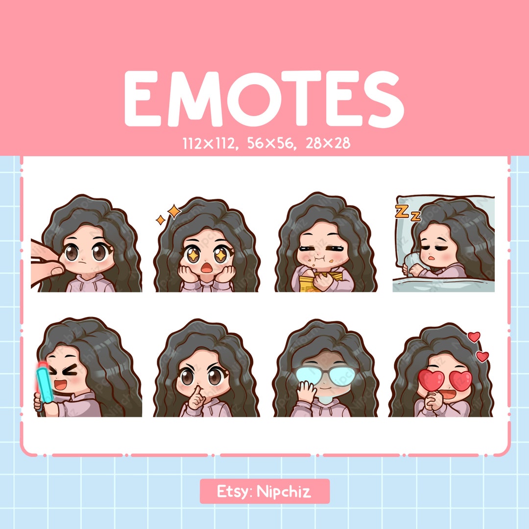 Kawaii Girl Emotes (8) / Curly Black Hair / Cute Emotes for Streamer ...