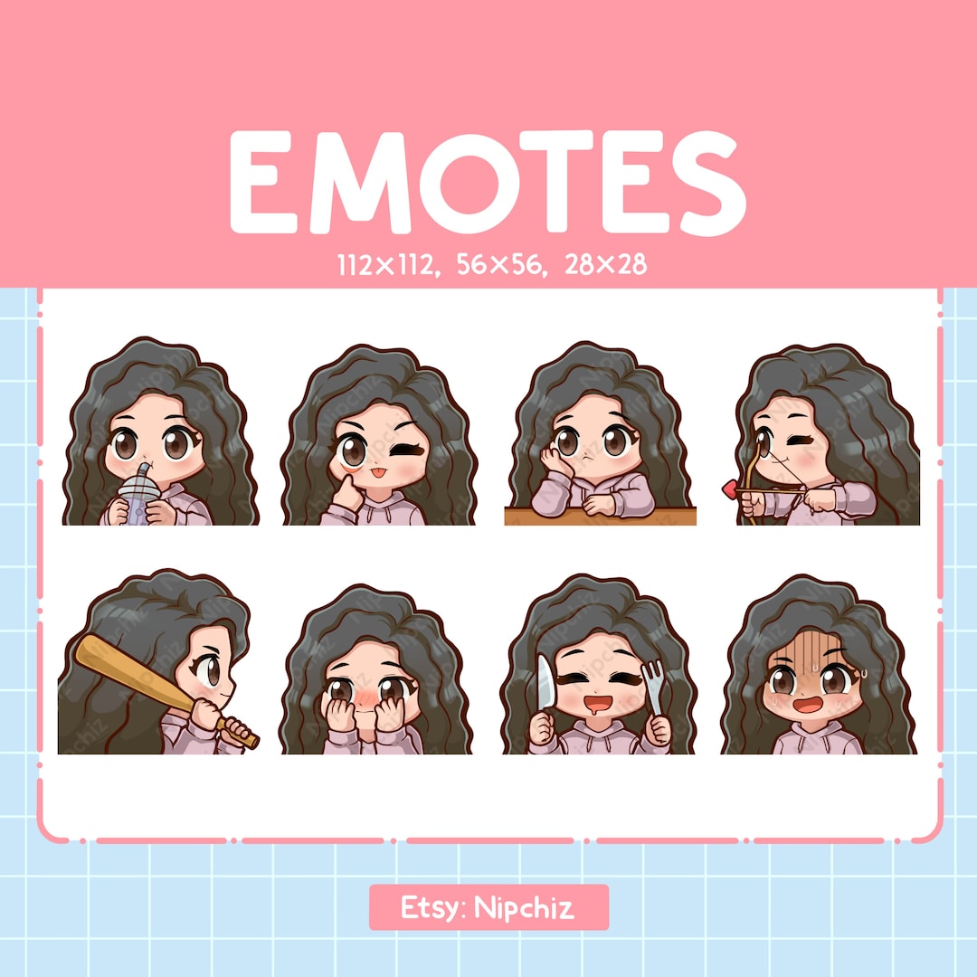 Chibi Girl Emotes for Streaming / Curly Black Hair – Brown Eyes (8 ...