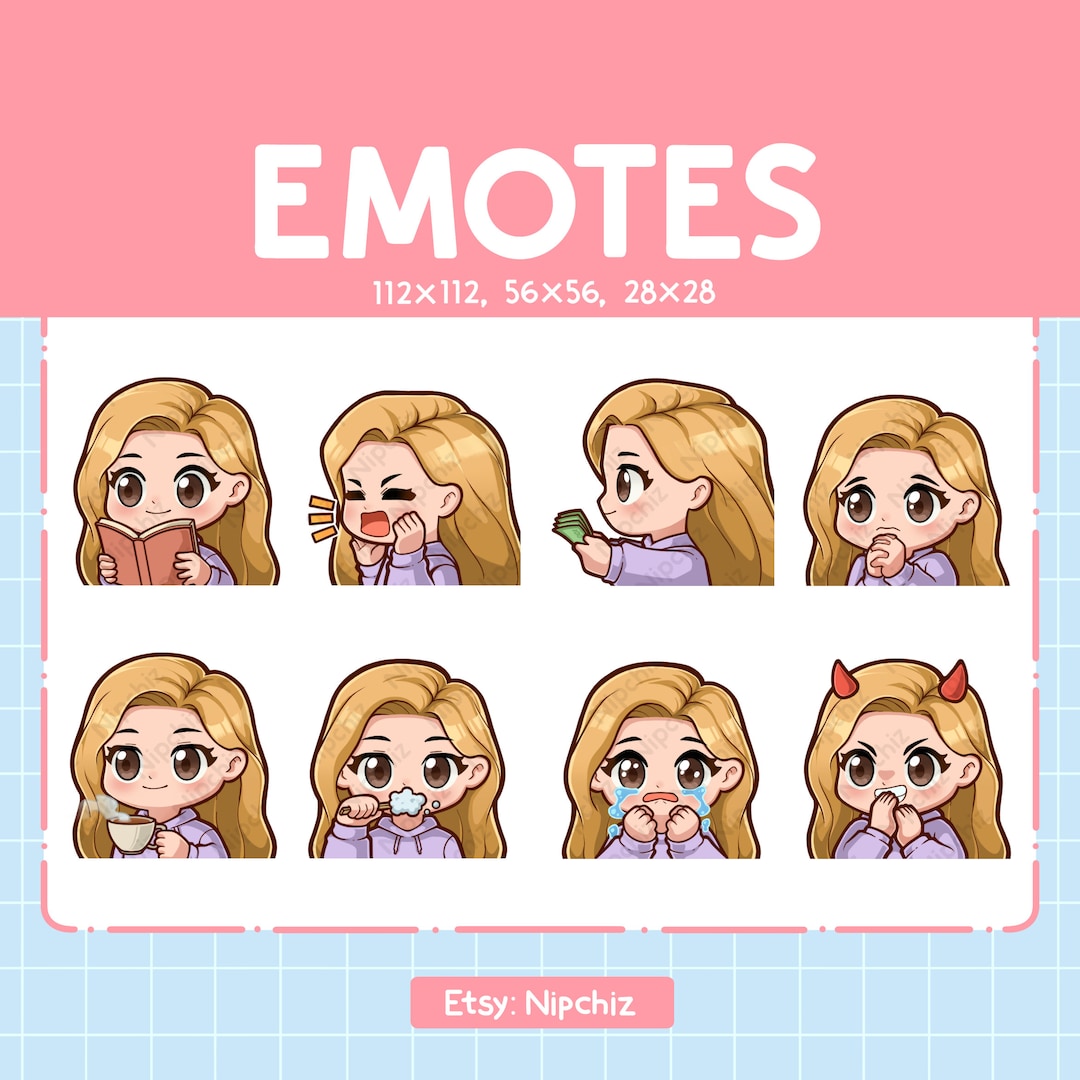 Chibi Girl Emotes / Long Straight Blonde Hair / Cute Emoji Pack | 8 ...