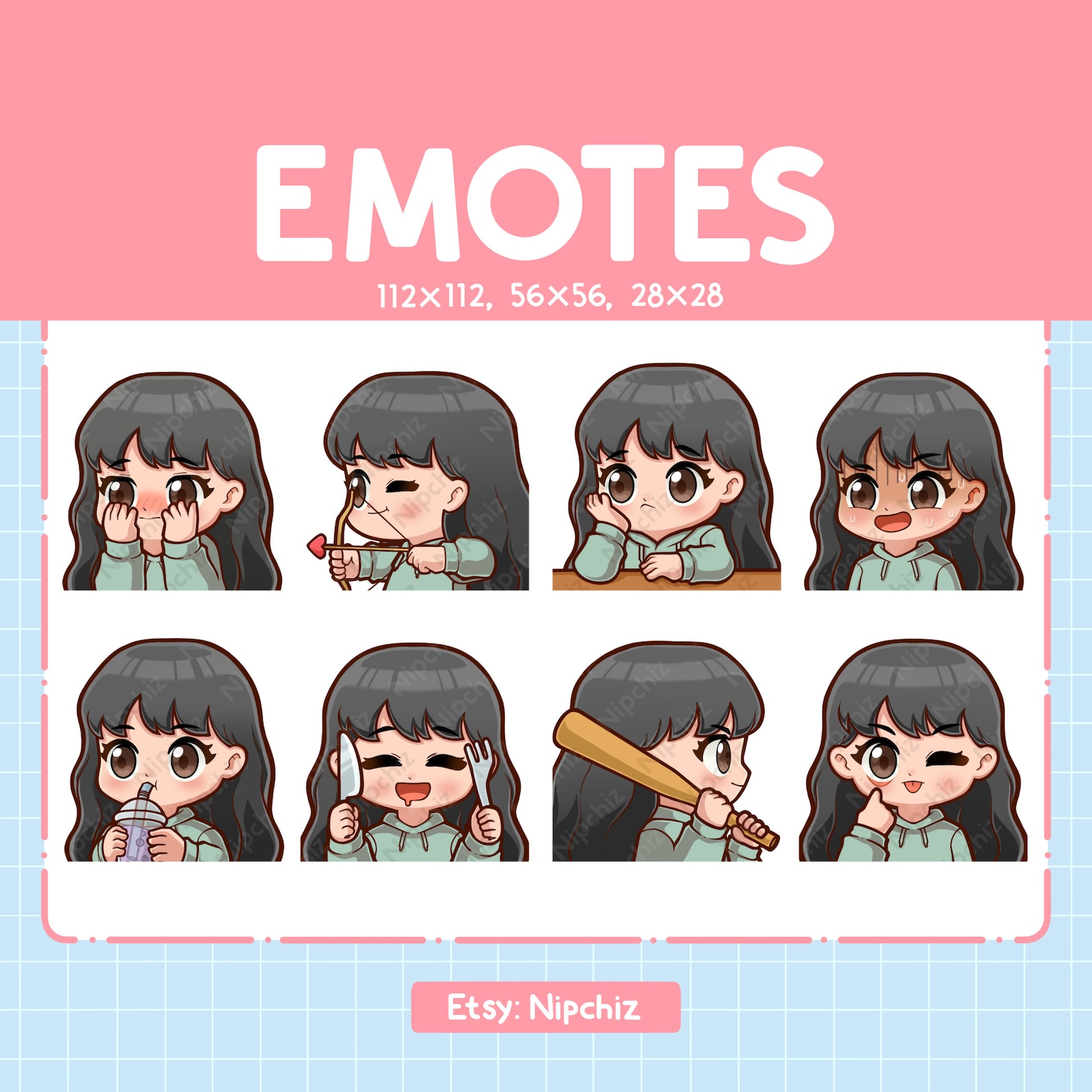 Kawaii Girl Emotes (8) / Black Hair / Cute Emotes for Streamer / Brown ...