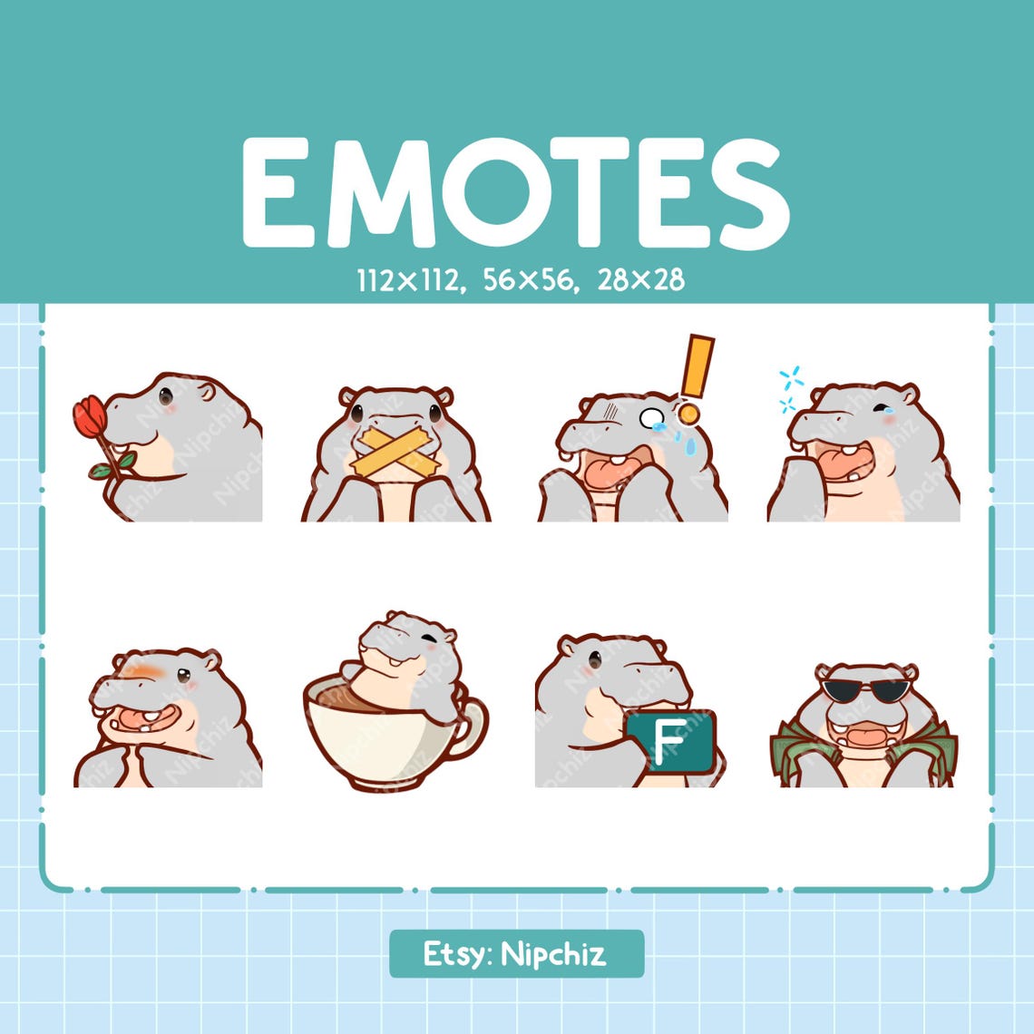 Cute Hippo Emotes 8 Pack / Chibi Hippo Emotes for Streamer / Kawaii ...