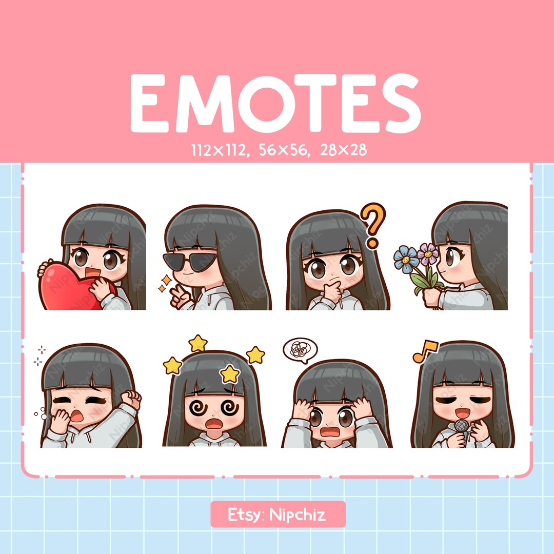 Kawaii Chibi Girl Emotes | 8 Cute Emotes for Streaming | Straight Black ...