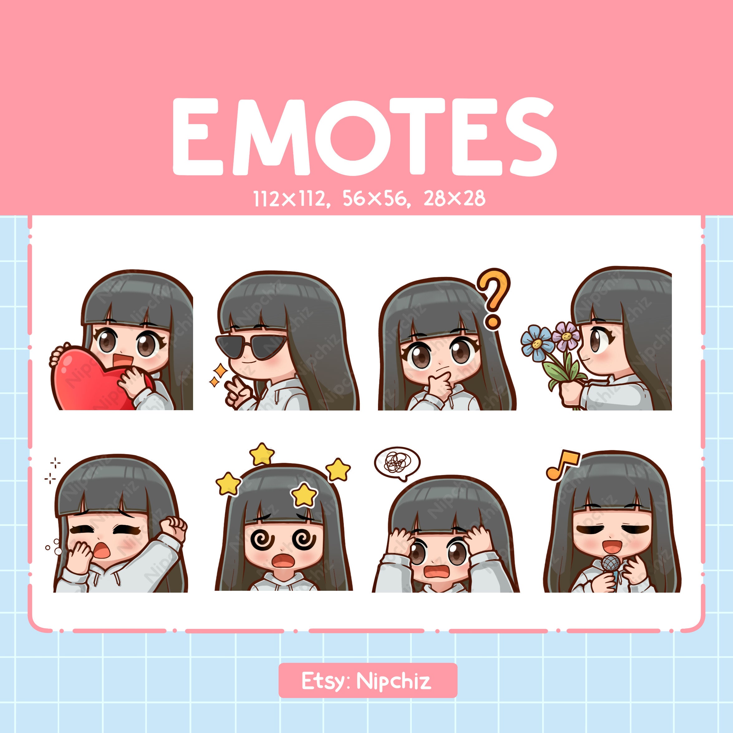 Kawaii Chibi Girl Emotes | 8 Cute Emotes for Streaming | Straight Black ...