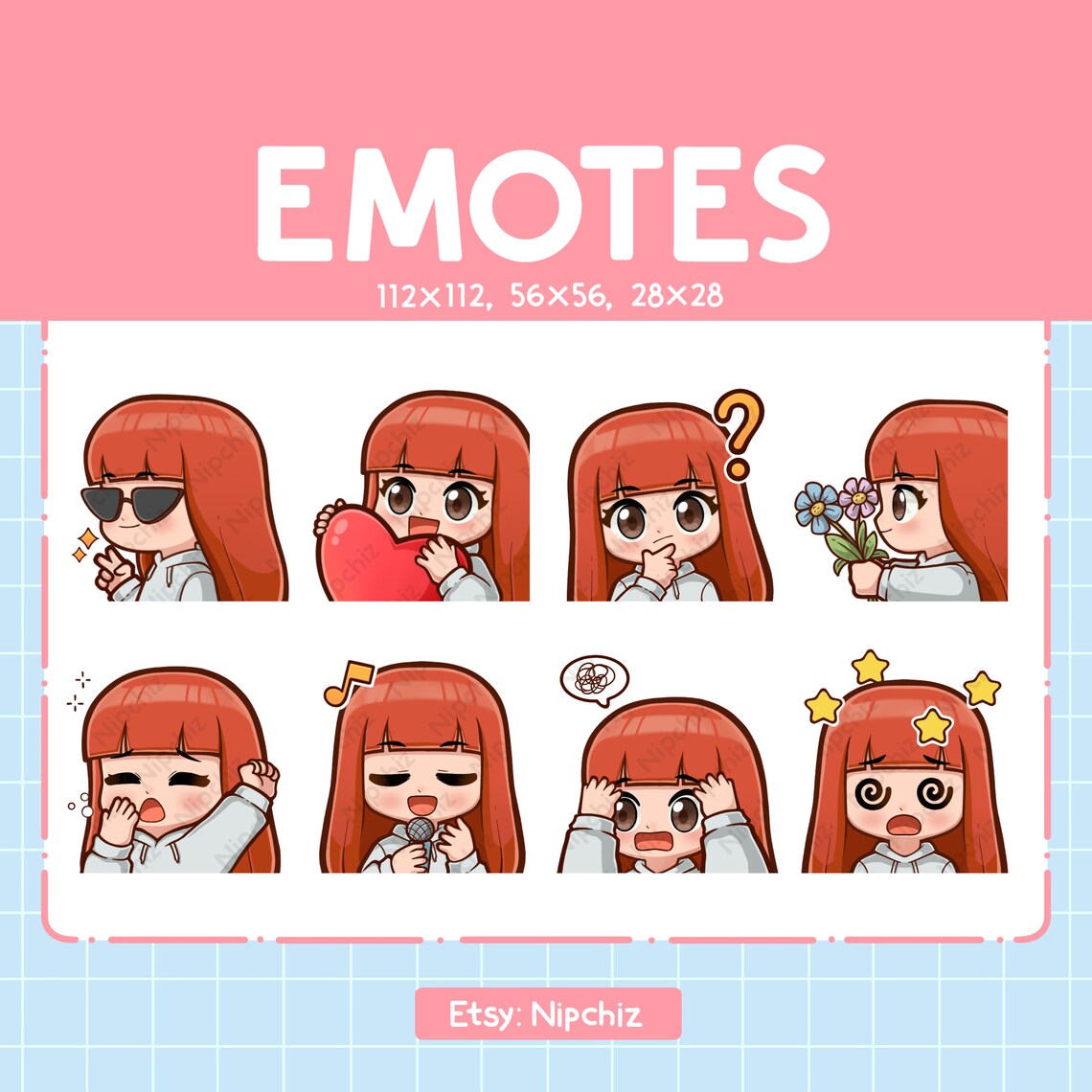 Kawaii Chibi Girl Emotes 8 Cute Emotes for Streaming Straight Red Hair ...