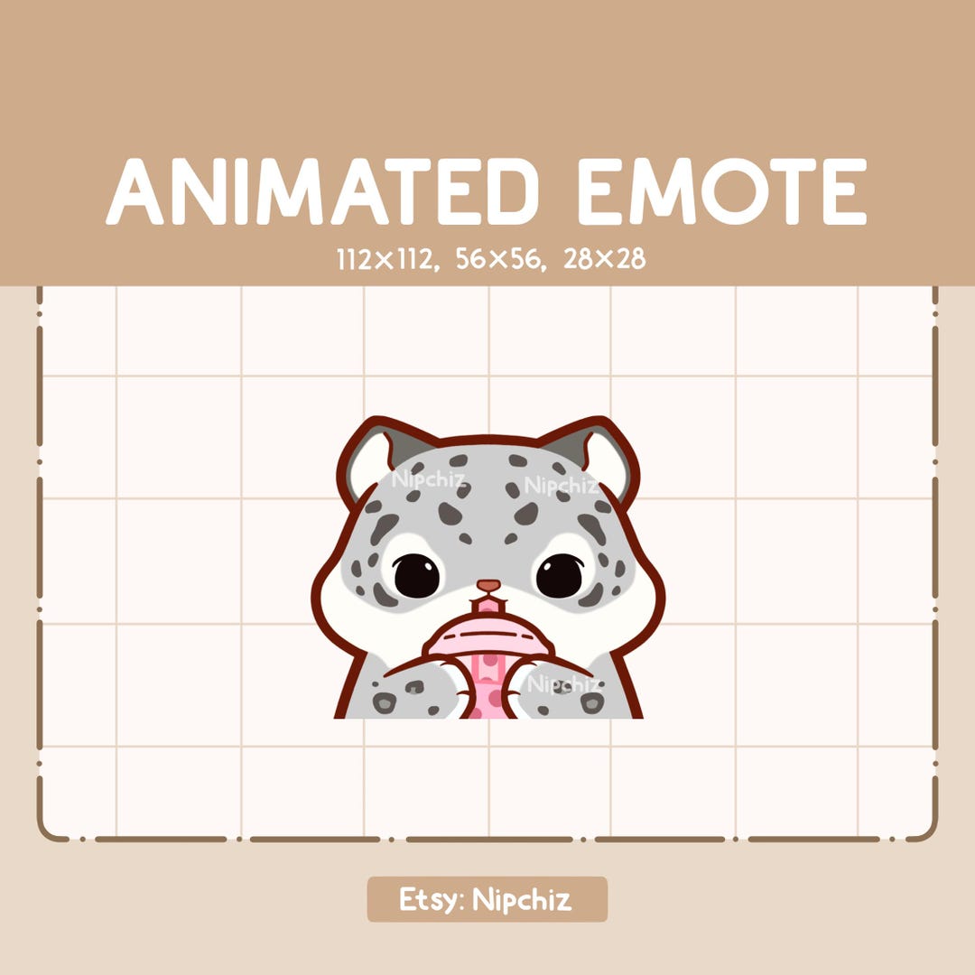 Adorable Chibi Snow Leopard Sipping Boba Animated Emote - Kawaii Funny ...