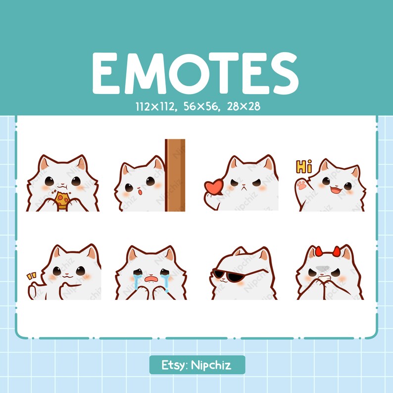 Chibi White Cat Emotes for Streaming 8 Kawaii Emotes Cute Cat Emote ...
