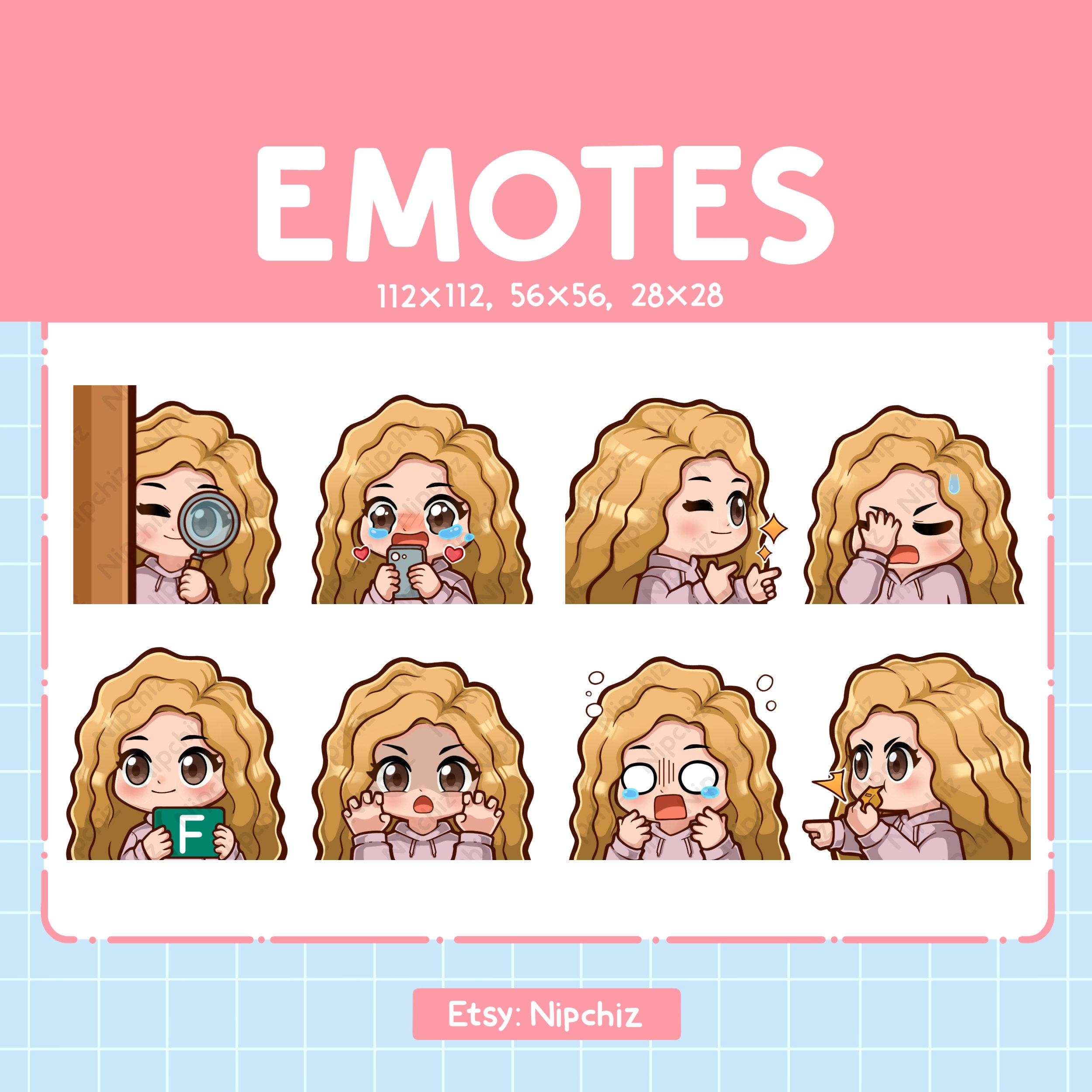 Chibi Girl Emotes / Blonde Curly Hair / Cute Emoji Pack | 8 Girl Emotes ...