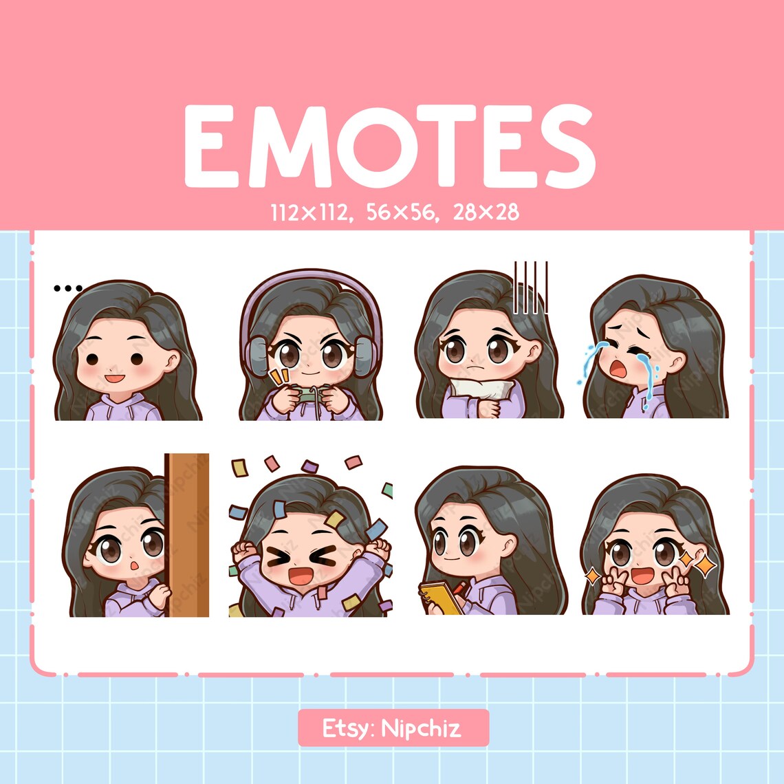 Cute Girl Long Straight Black Hair Emotes 8 Pack / Chibi Girl Emotes ...