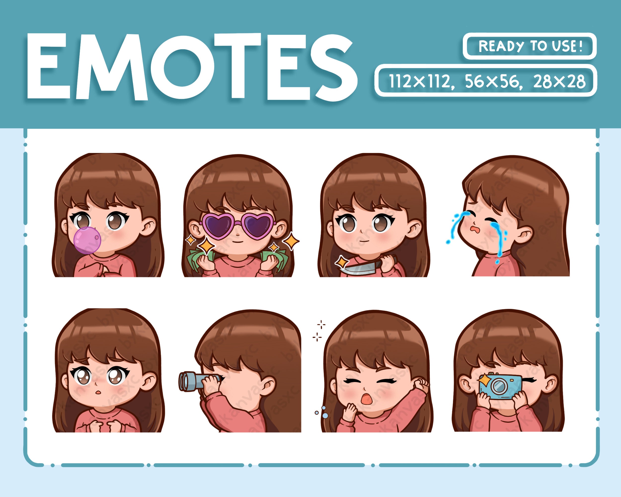 Cute Girl Emotes for Streamer 8 Brown Hair Brown Eyes - Etsy