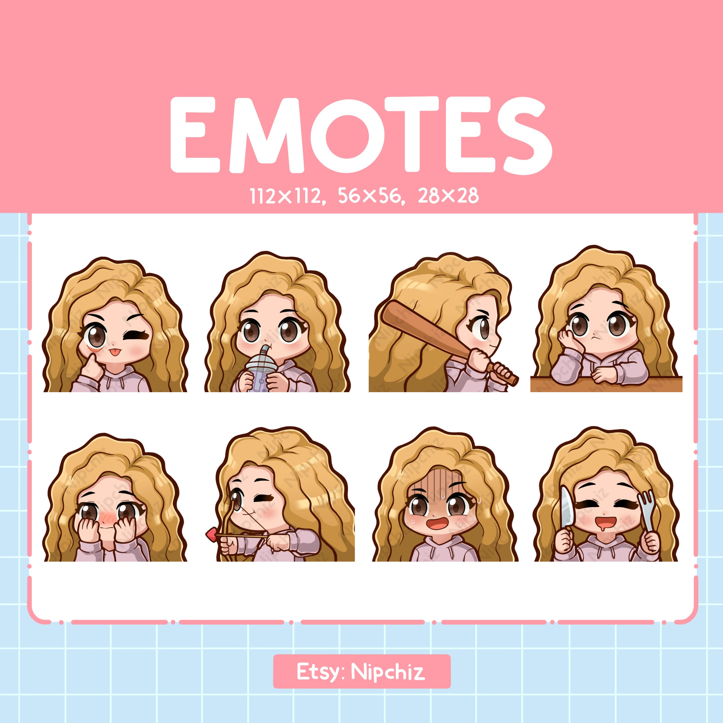 Girl Emote Bundle / Blonde Curly Hair Emotes for Streaming / 8 Cute ...