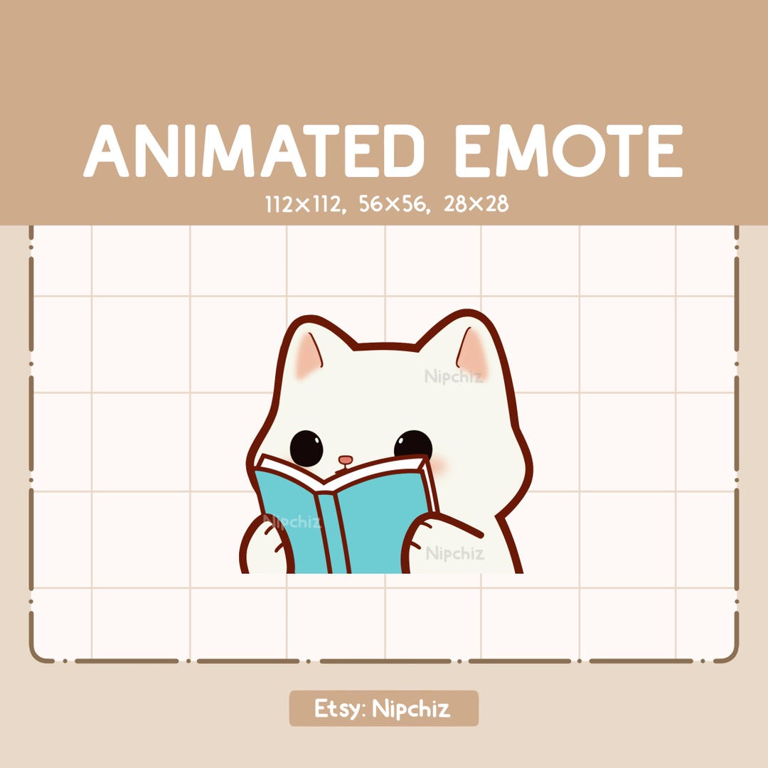 Animated Emote Adorable White Cat is Reading a Book / Kawaii Cute Emote ...