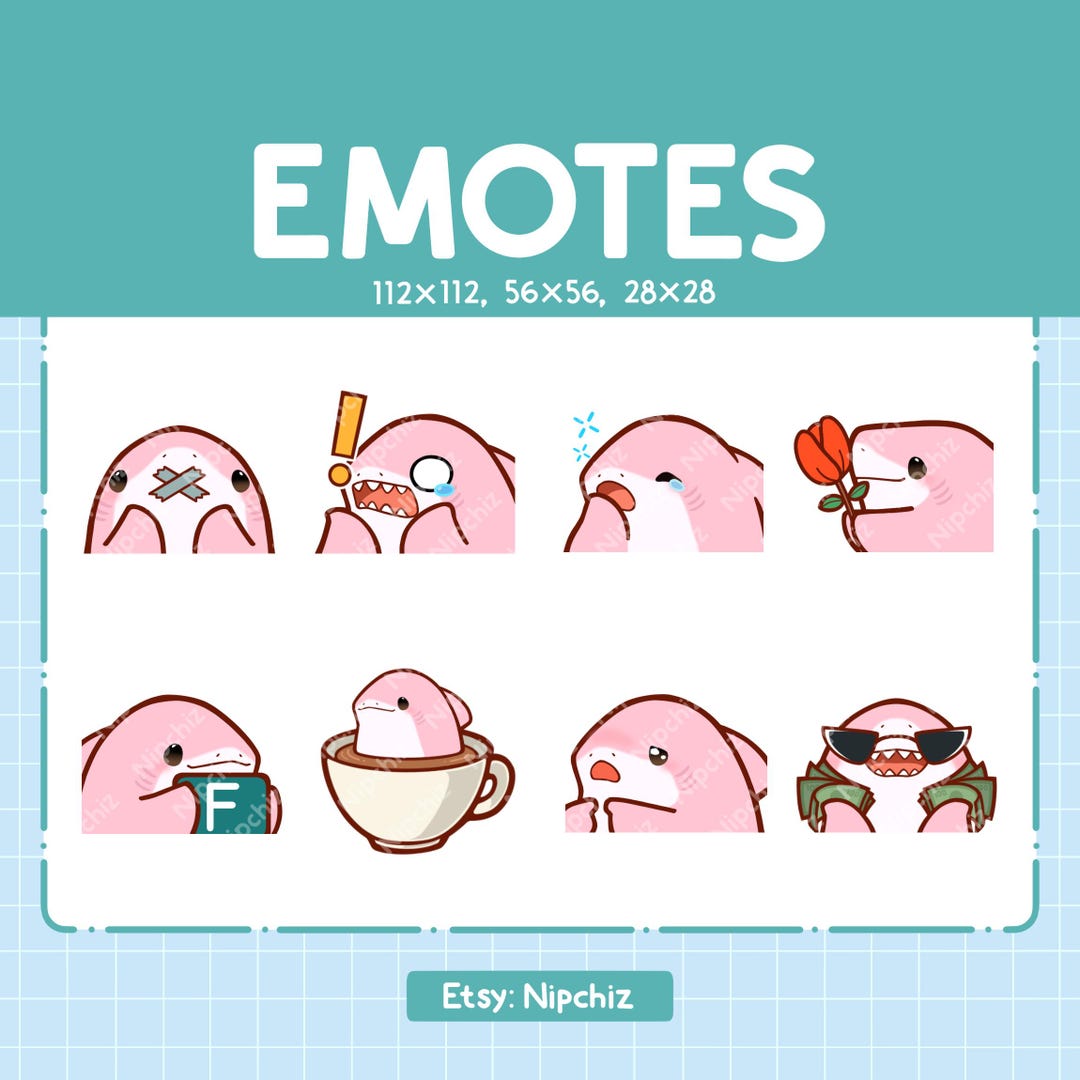 Chibi Pink Shark Emotes for Streamer (8) - Kawaii Cute Pink Shark ...