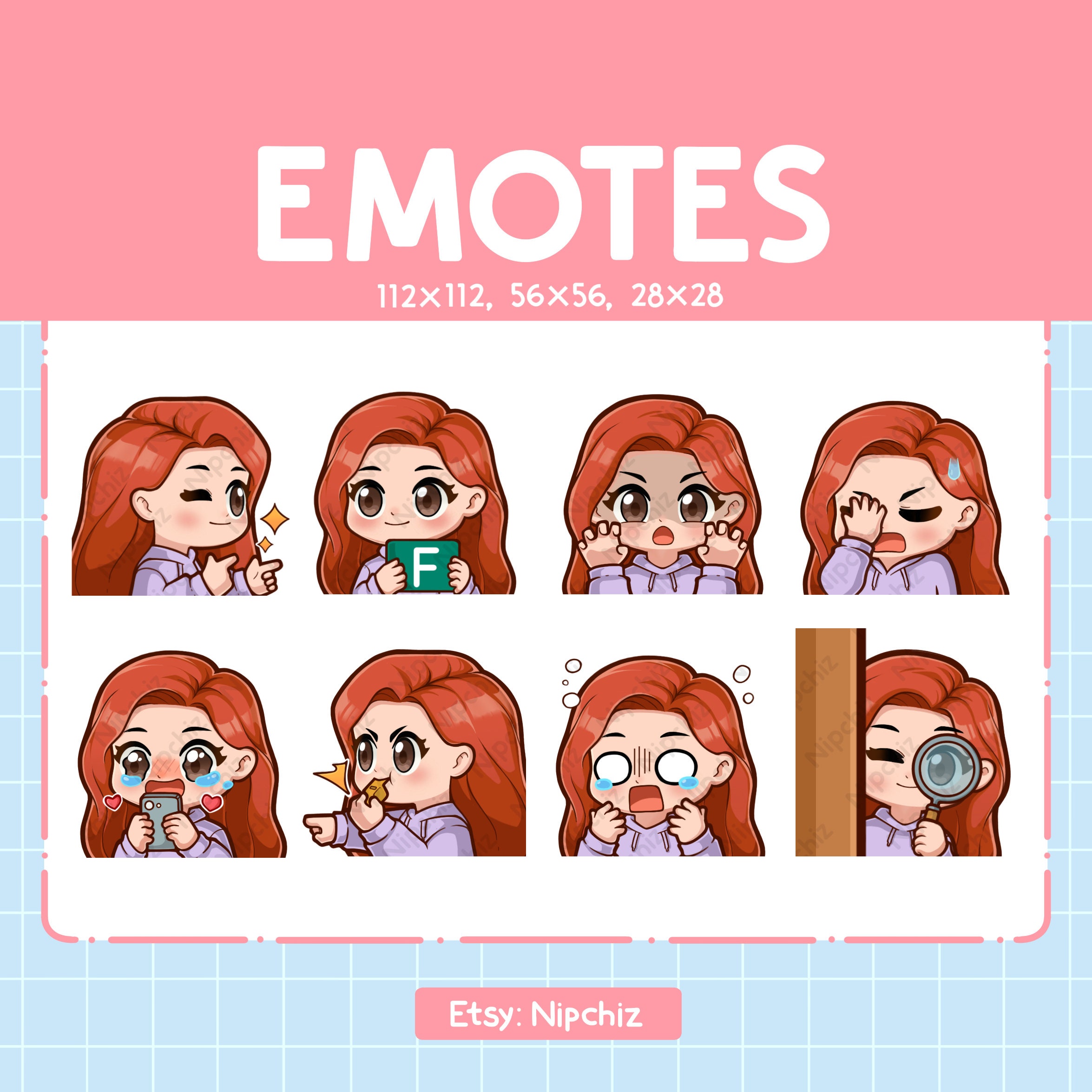 Long Straight Red Hair Chibi Girl Emotes for Streaming 8 Kawaii Cute ...