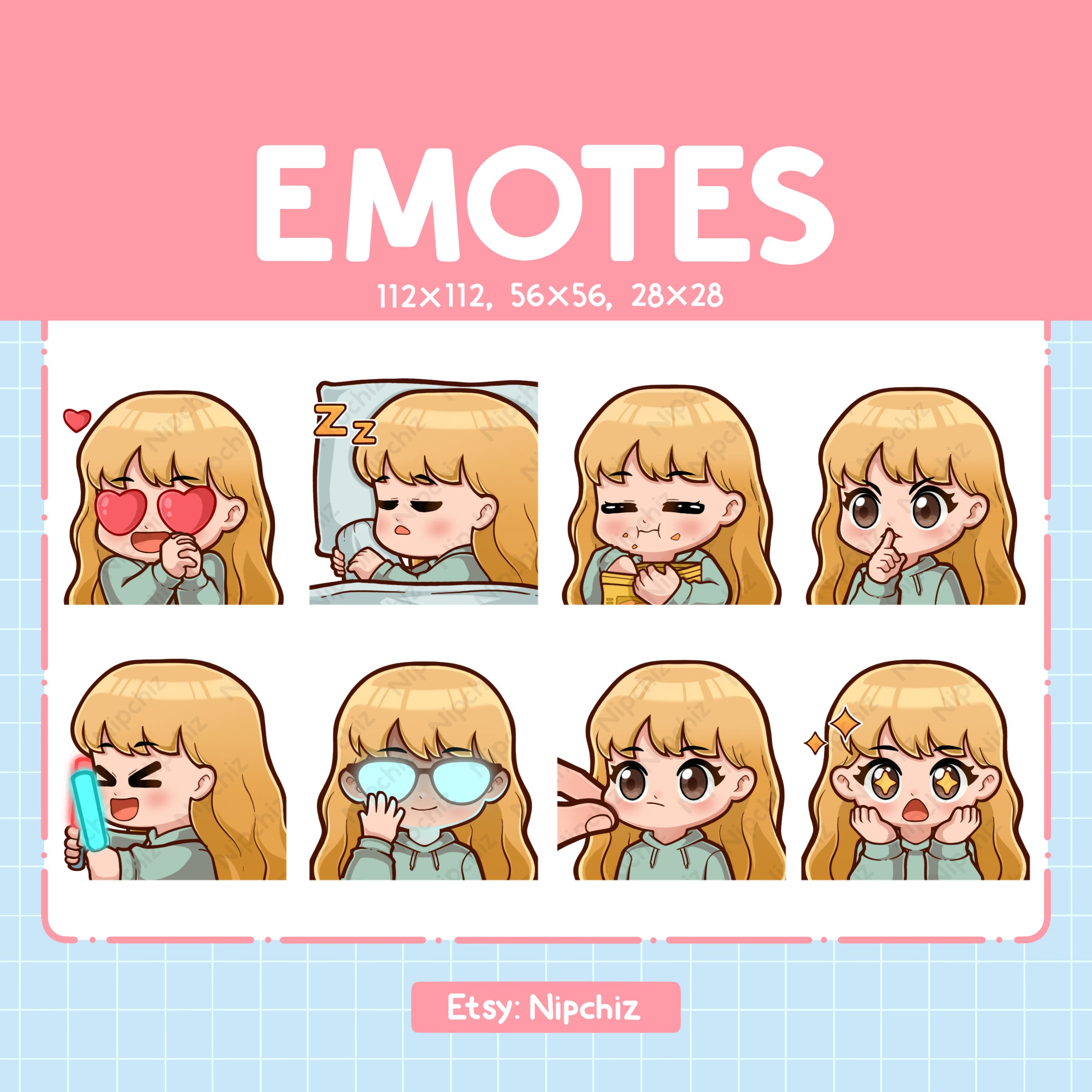 Chibi Girl Emotes for Streaming/blonde Hair – Brown Eyes (8) Kawaii ...