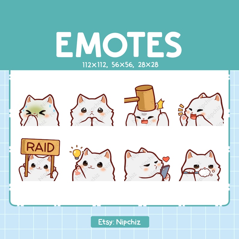 Cute White Cat Emotes 8 Pack Chibi Cat Emotes for Streamer Kawaii Emoji ...