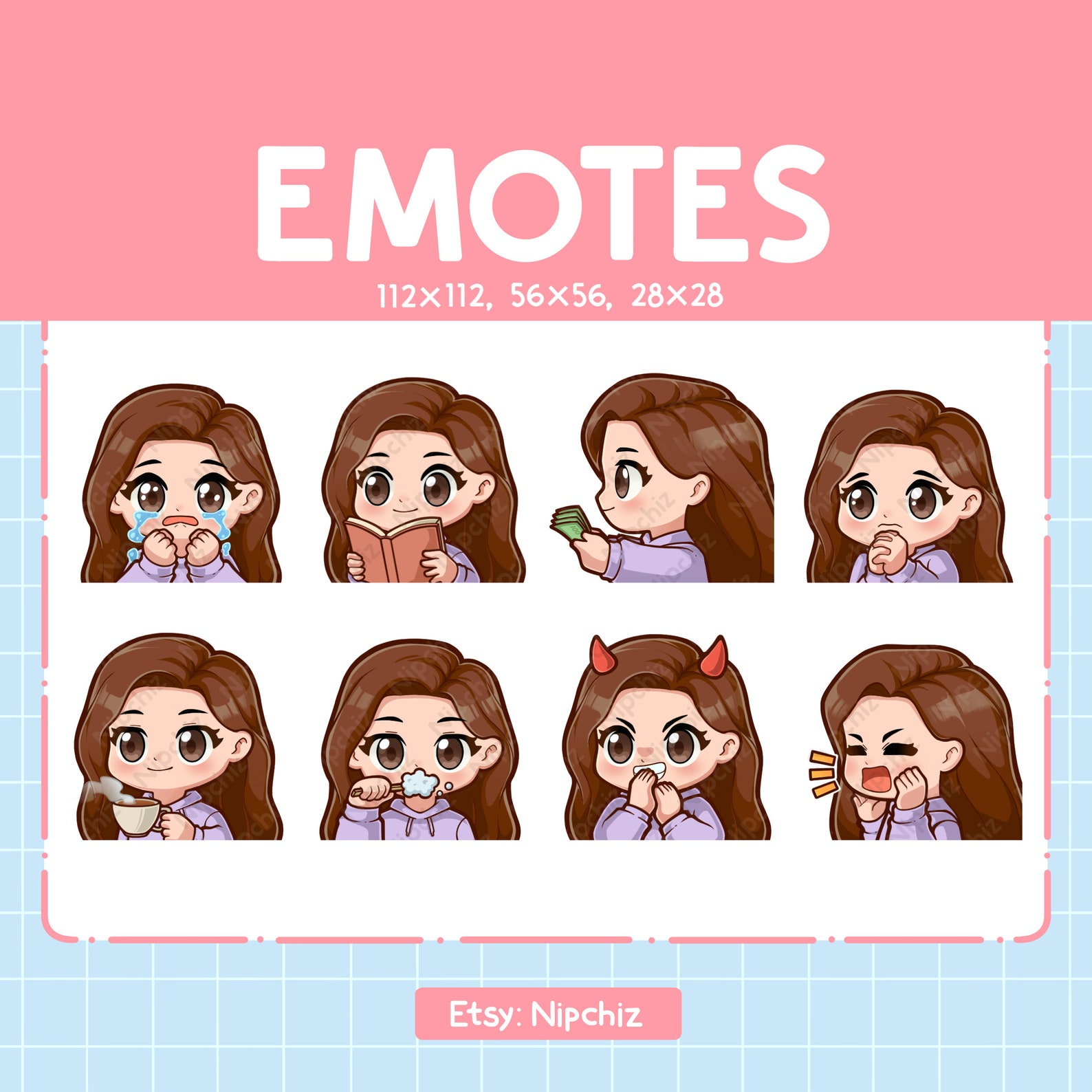 Girl Emote Bundle / Long Straight Brown Hair Emotes for Streaming / 8 ...