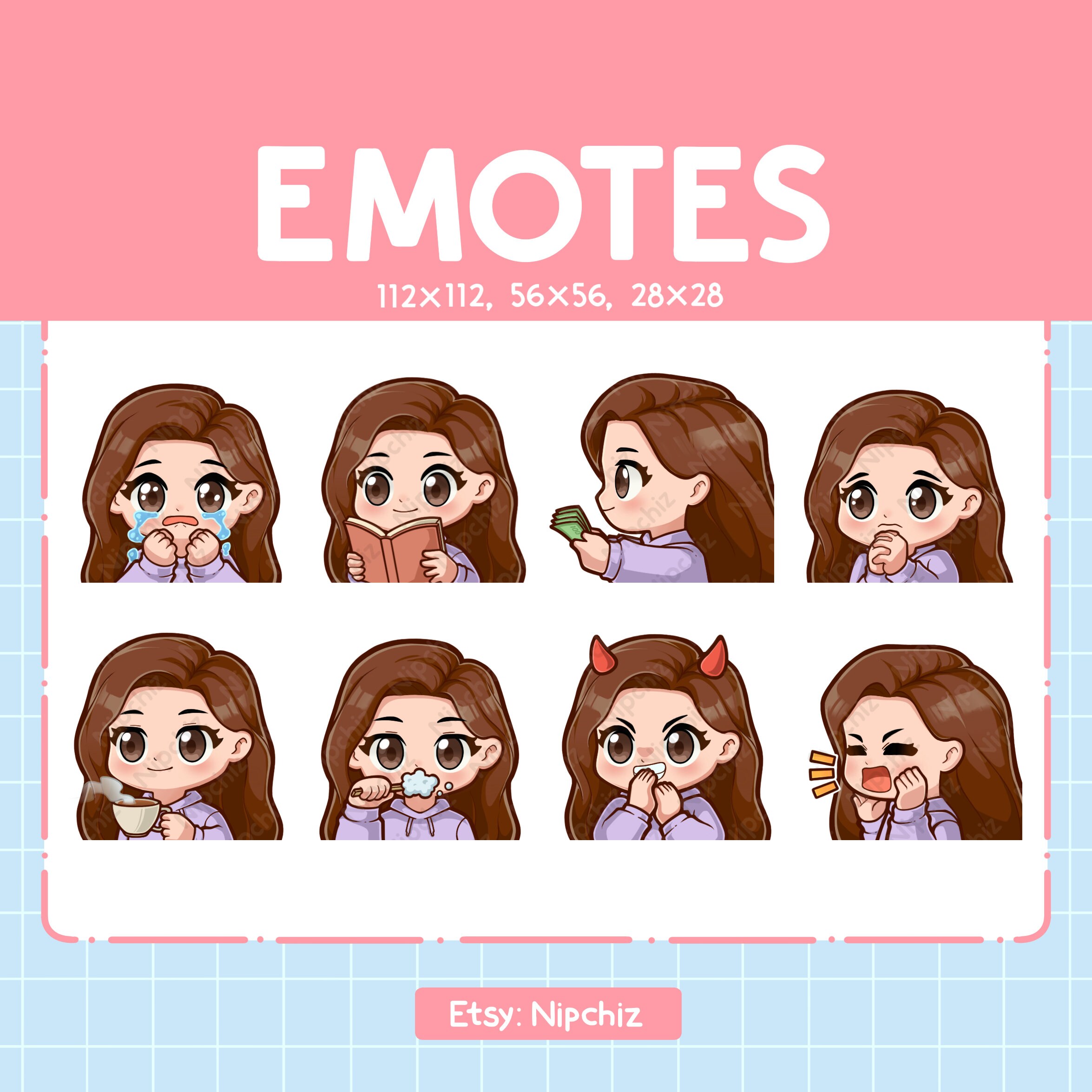 Girl Emote Bundle / Long Straight Brown Hair Emotes for Streaming / 8 ...