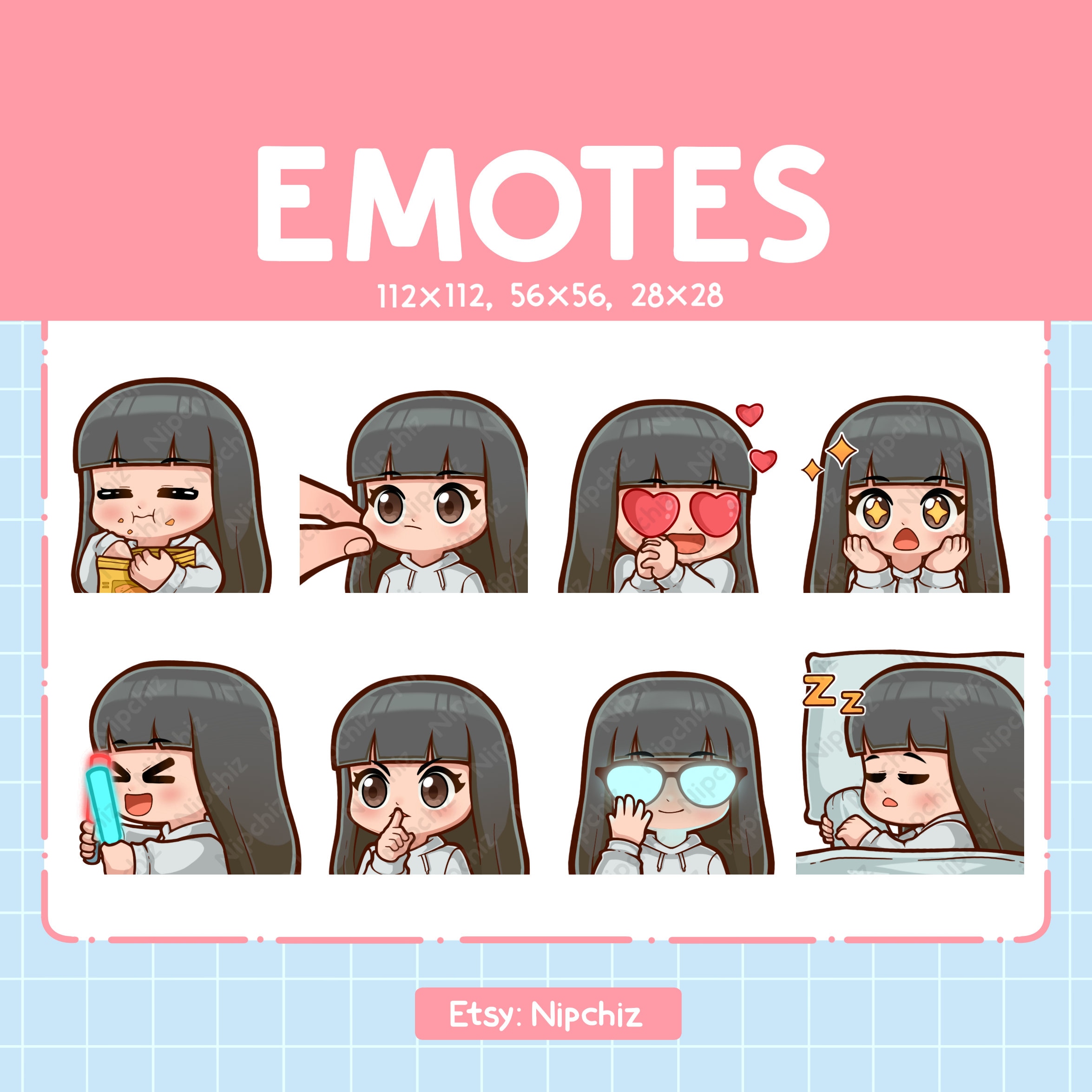Chibi Girl Emotes for Streaming / Straight Black Hair With Bangs ...