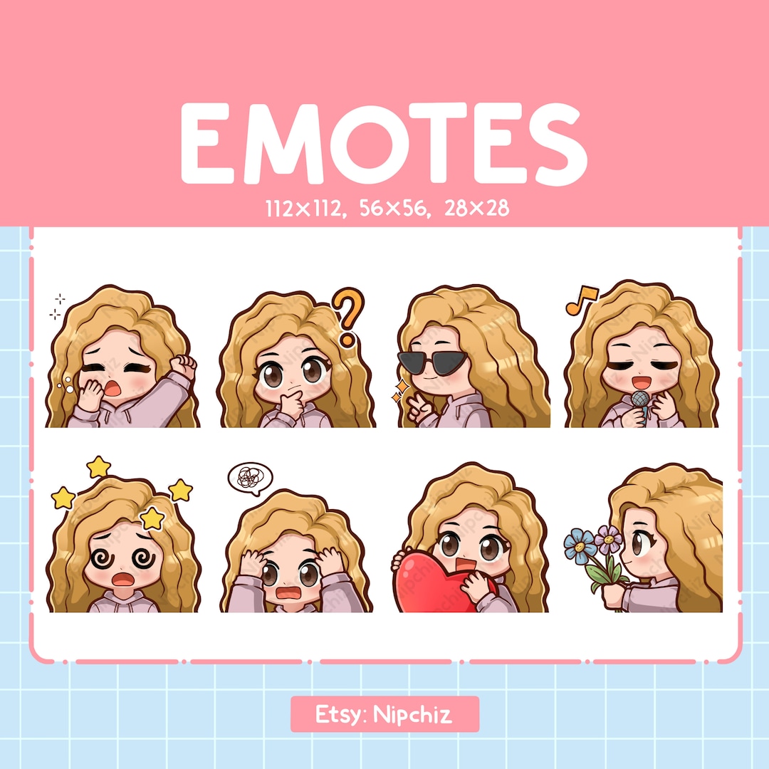 Kawaii Chibi Girl Emotes | 8 Cute Emotes for Streaming | Blonde Curly ...