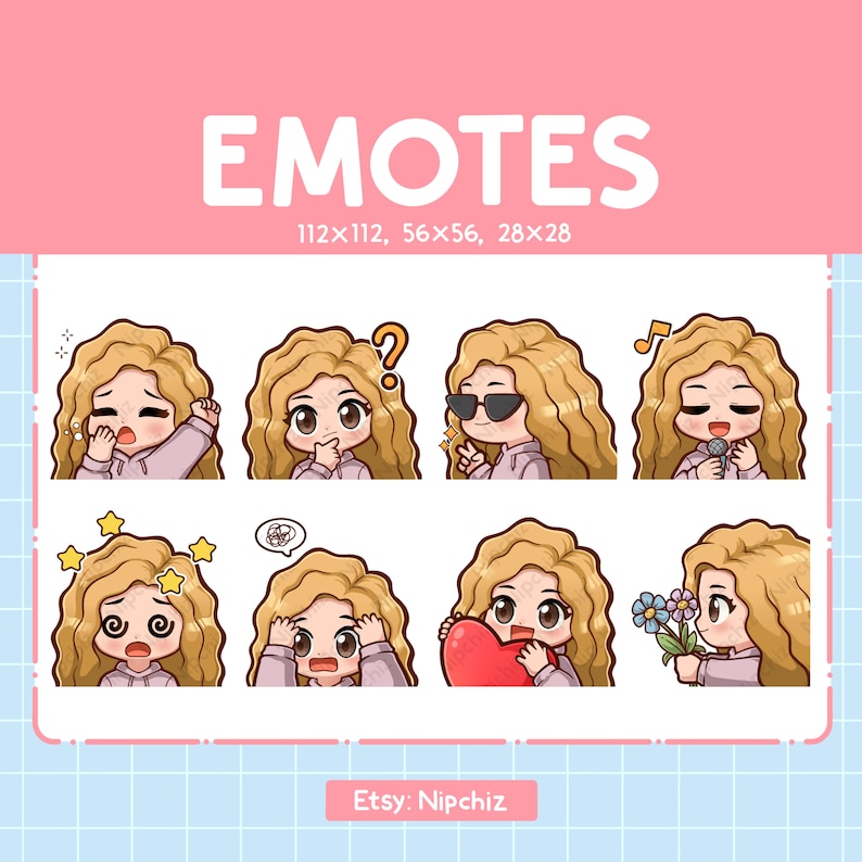 Kawaii Chibi Girl Emotes 8 Cute Emotes for Streaming Blonde Curly Hair ...