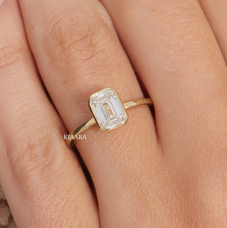 1 5 Ct Emerald Cut Moissanite Engagement Bezel Ring Emerald Etsy