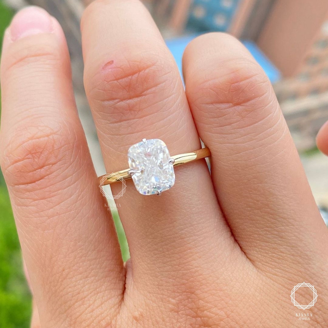 2 CT Elongated Cushion Cut Moissanite Engagement Ring, 14K Solid Gold ...