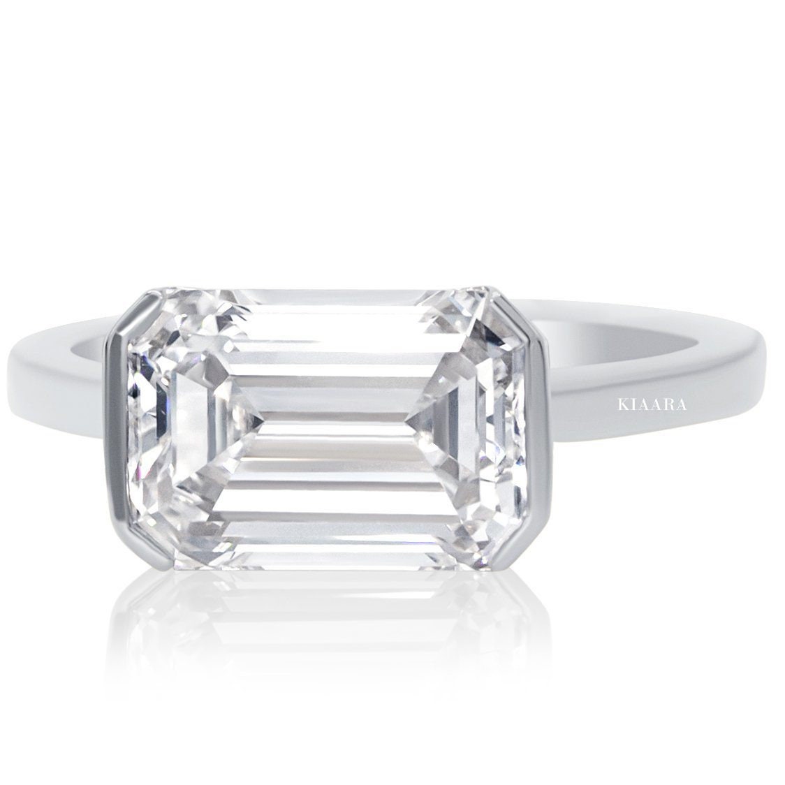 Half Bezel Set Engagement Ring Emerald Cut Moissanite | Etsy