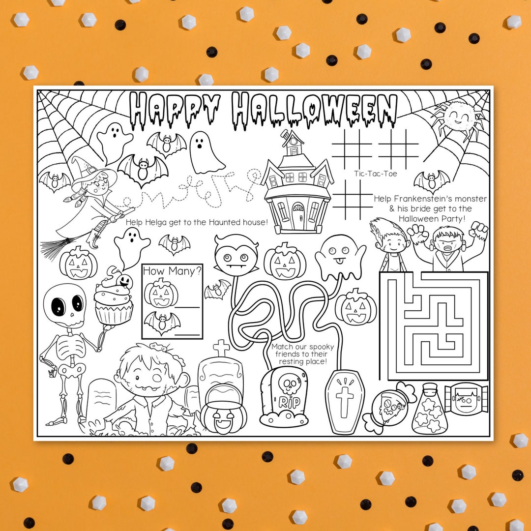 Halloween Party Activities, Activity Placemats for Kids, Coloring ...