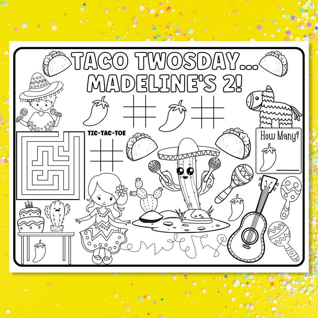 Taco Twosday Birthday Coloring Page, Cheap Party Favors, Personalized ...