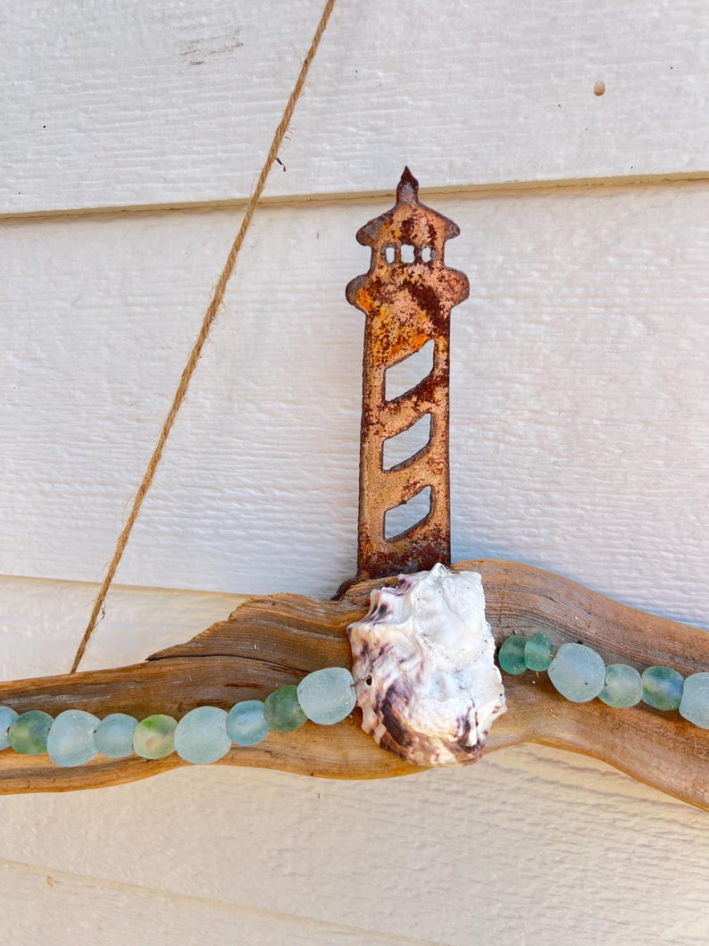 Driftwood Hanging Art, Metal Lighthouse, Ocean Theme Garden Art, Sea Glass and Oyster Sea Shell ...