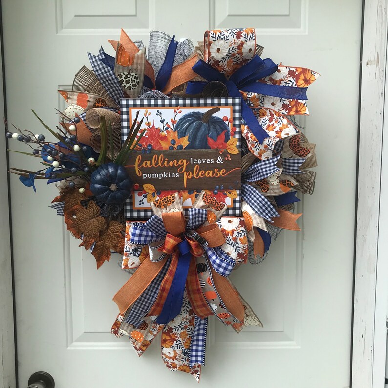 Orange and Blue Fall Wreath for Front Door Blue Fall Pumpkin - Etsy