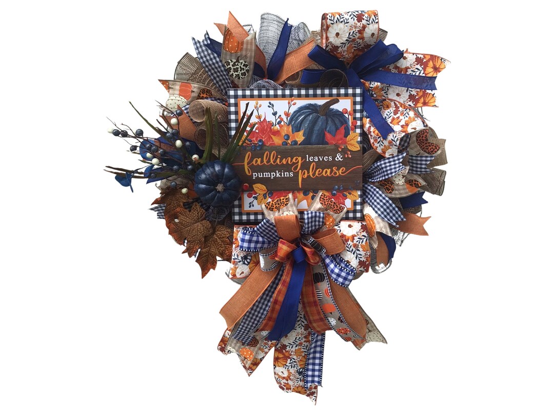 Orange and Blue Fall Wreath for Front Door, Blue Fall Pumpkin Wreath ...
