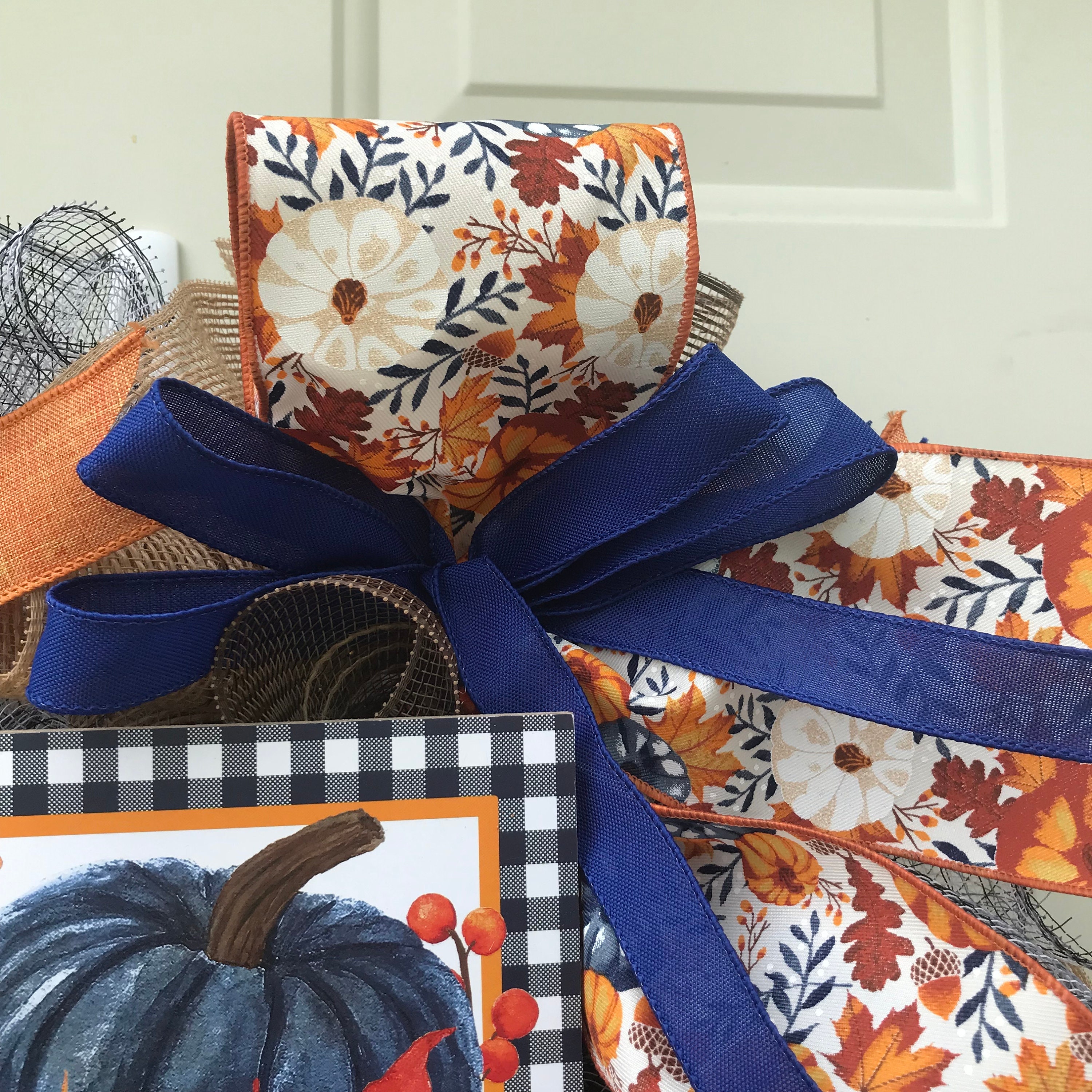 Orange and Blue Fall Wreath for Front Door, Blue Fall Pumpkin Wreath ...